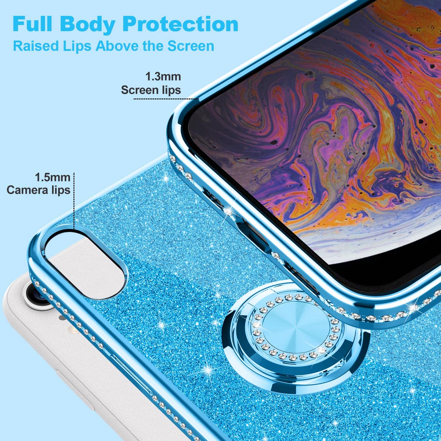 Thomo Compatible with iPhone XR Glitter Case 6.1 Inch, Slim Shockproof Cute Diamond Phone Case with Ring Holder Bling iPhone XR Case for Women Girls-Purple