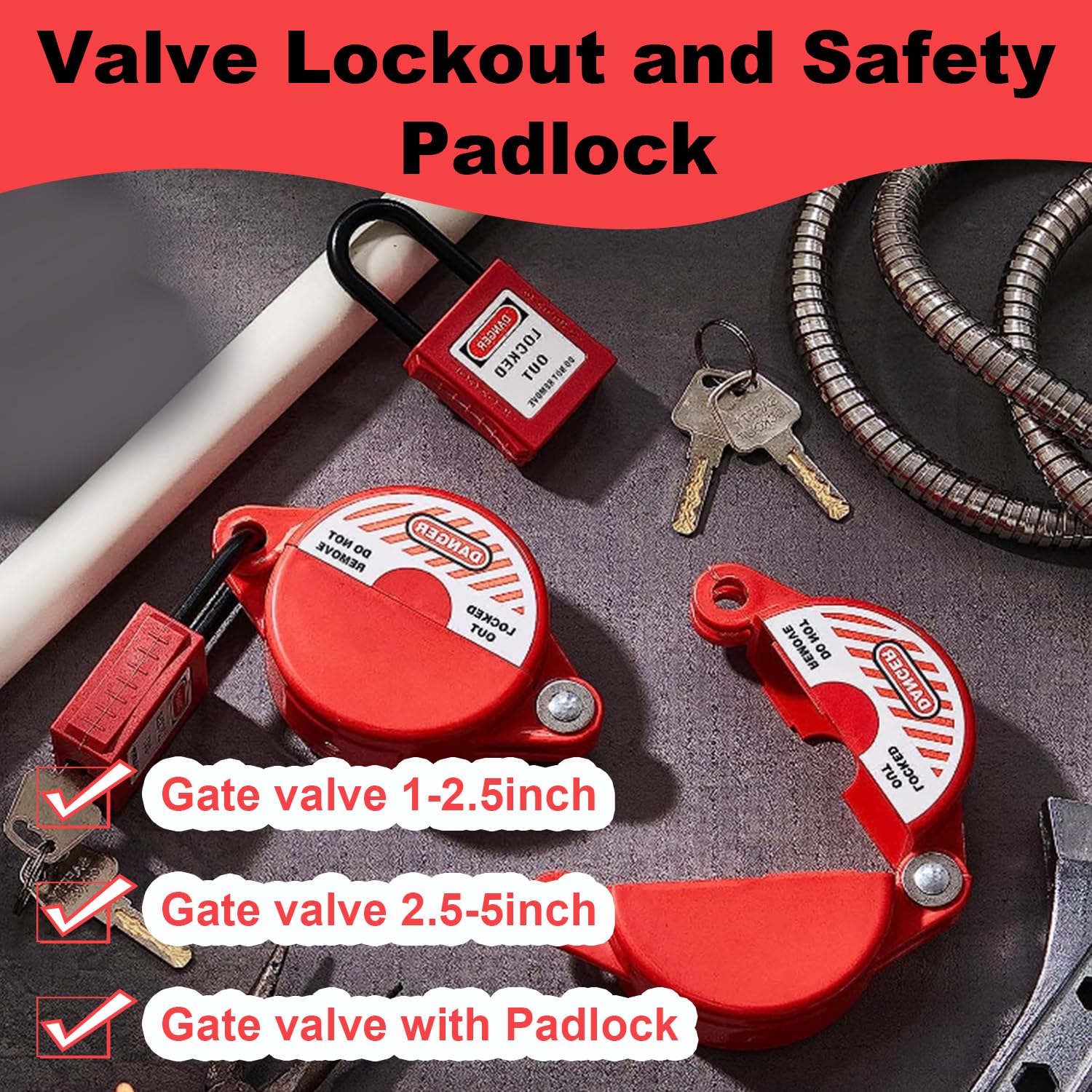 smseace 1Set Gate Valve Lockout with Safety Padlock Suited for 1 to2-1/2 Valve Handles Water Valve Lockout Device Gas Valve Lockout Hose Bib Lock for Outdoor Faucet Knob,Water Spigot,Hose Lock