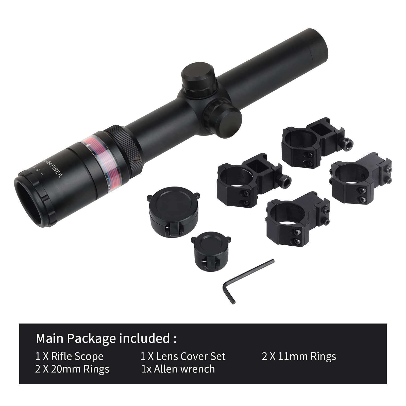 ToopMount 1.5-6X24mm Tactical Optics Scope Red Fiber Picatinny Optics Scope 1/4 MOA Fully Multi-Coated Optics One-Piece Aluminum Tube Second Focal Plane for with 11, 20mm Rings