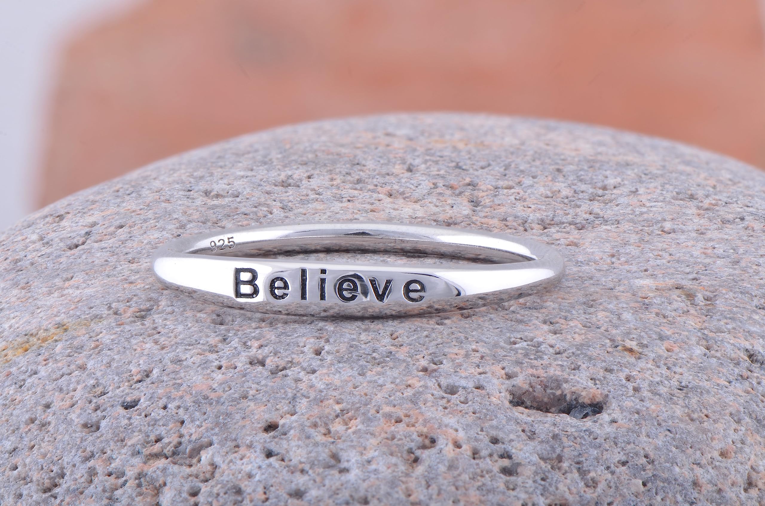 SILVERCLOSEOUT Rhodium Plated Sterling Silver Womens Thin Stackable Believe Inspiriational Word Ring - Size 7