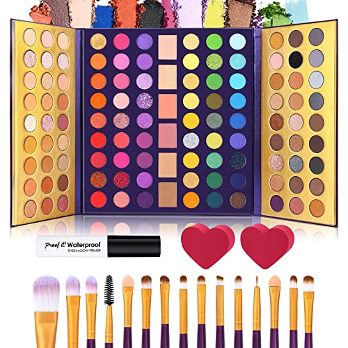 UCANBE 5pcs Eyeshadow Makeup Set -114 Shades MIRROR Eye Shadow Palette, 15 Soft Brushes Set, 1 Eye Primer Base, 2 Make up Blending Sponges, All In One Gift Kit