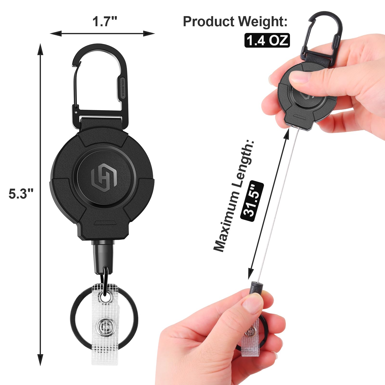 Retractable Keychain,Heavy Duty Carabiner Badge Holder,ID Card Holder with Belt Clip,31.5" Badge Reel,8 OZ Retractable Key Holder,Black