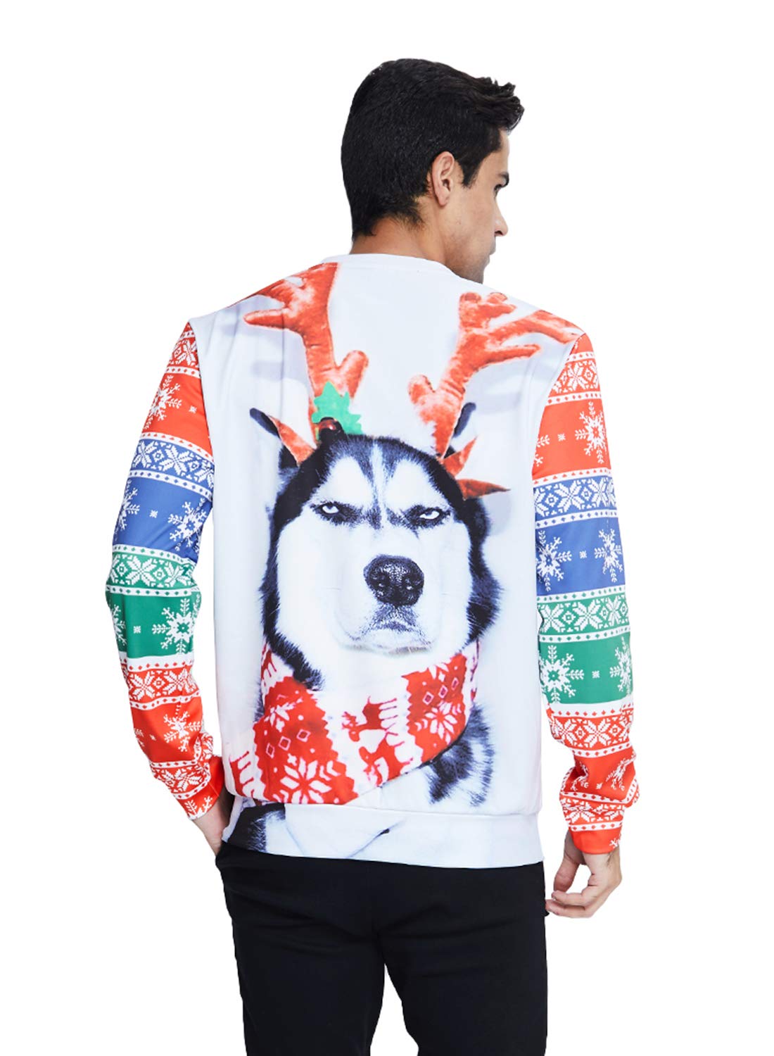 RAISEVERN Ugly Christmas Sweater for Men Women Funny Xmas Dog Husky Scarf Sweatshirt Holiday Festive Long Sleeve Winter Reindeer Pullover Top