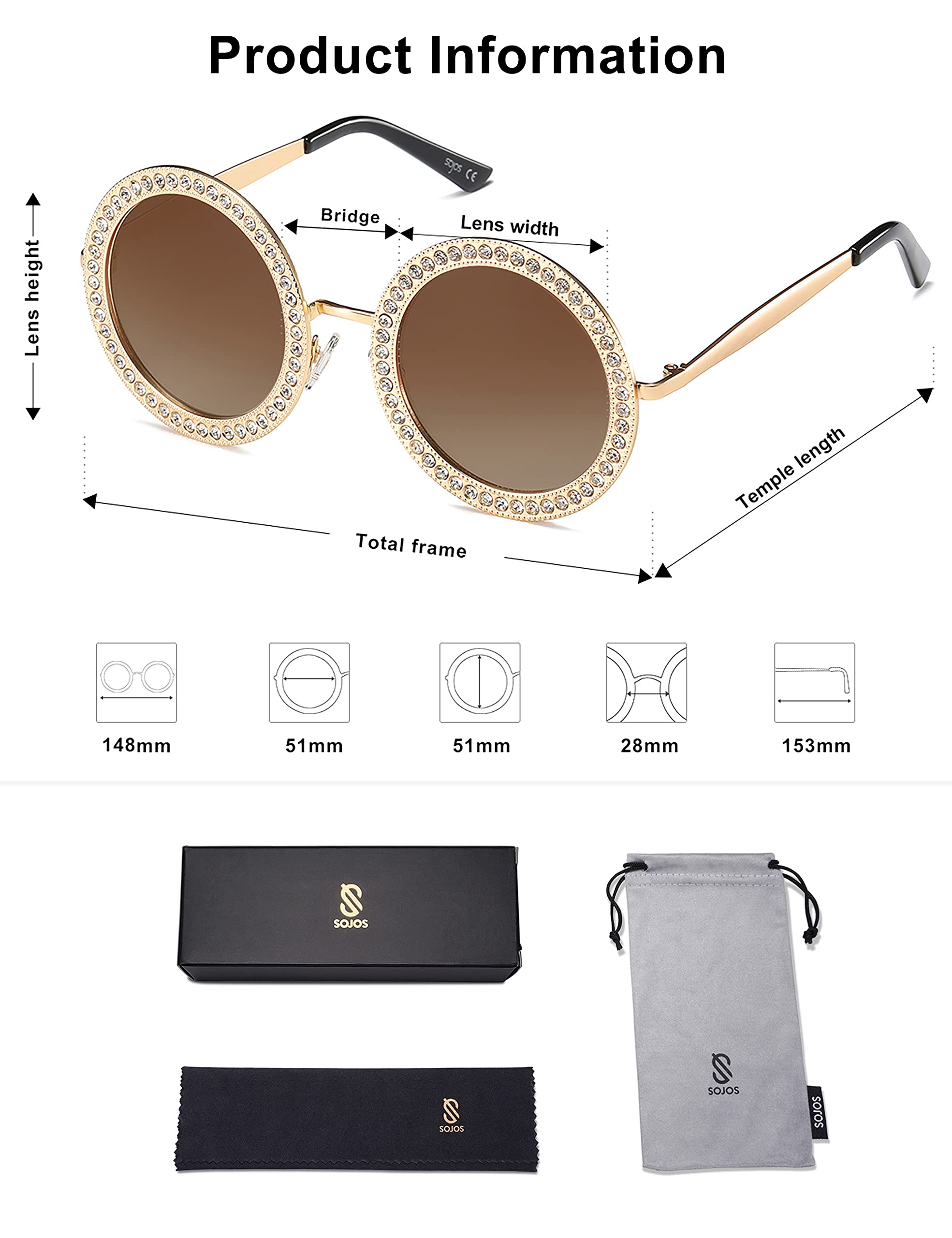 SOJOS Shining Oversized Round Rhinestone Sunglasses Festival Gem Sunnies SJ1095 with Gold Frame/Gradient Brown Lens with Crystal Diamonds