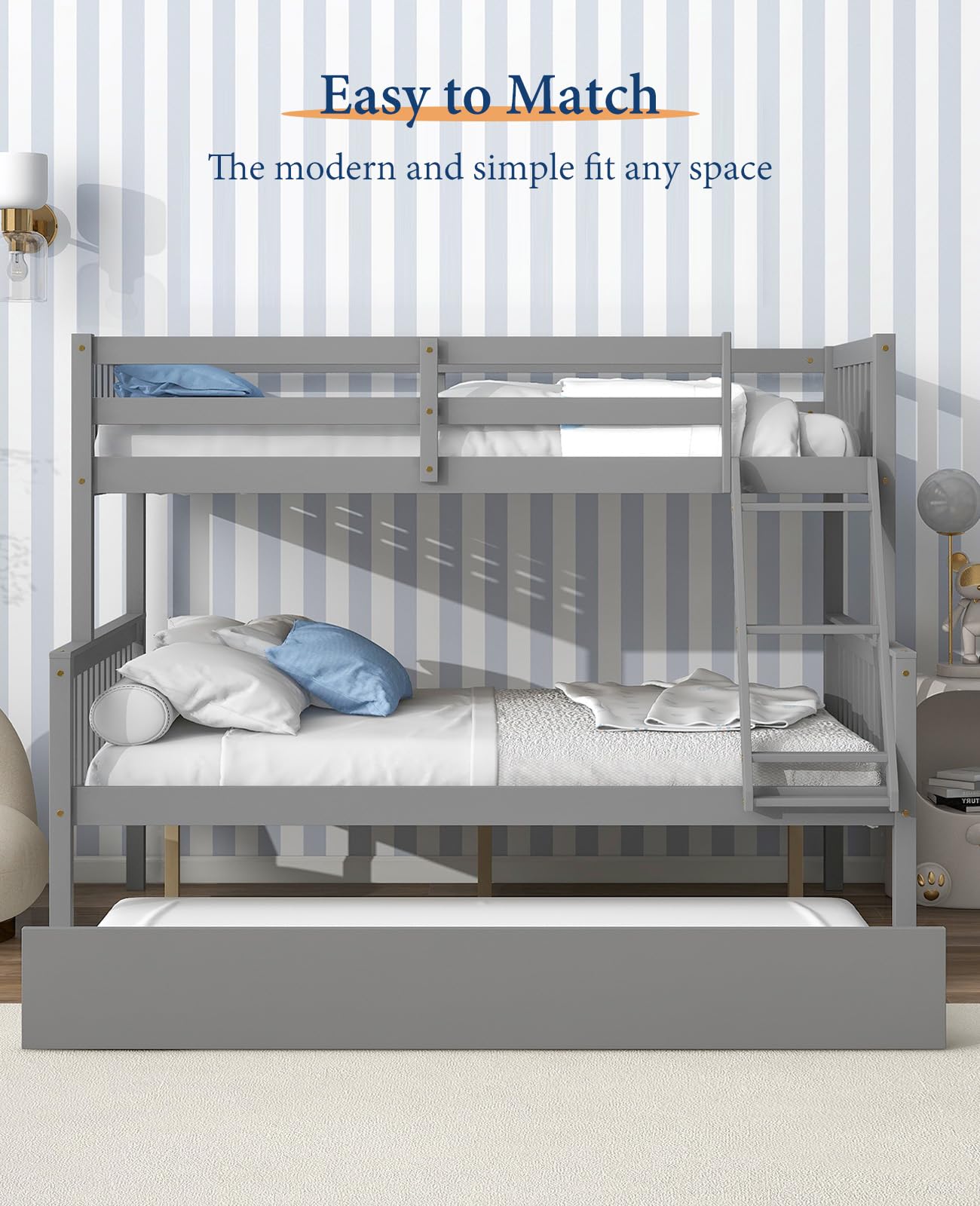 Tatub Twin Over Twin Bunk Bed with Trundle, Pine Wood Frame, Ladder and Guard Rails, Solid Bunk Bed with Trundle for Kids, Teens, Boys and Girls, No Box Spring Needed, White