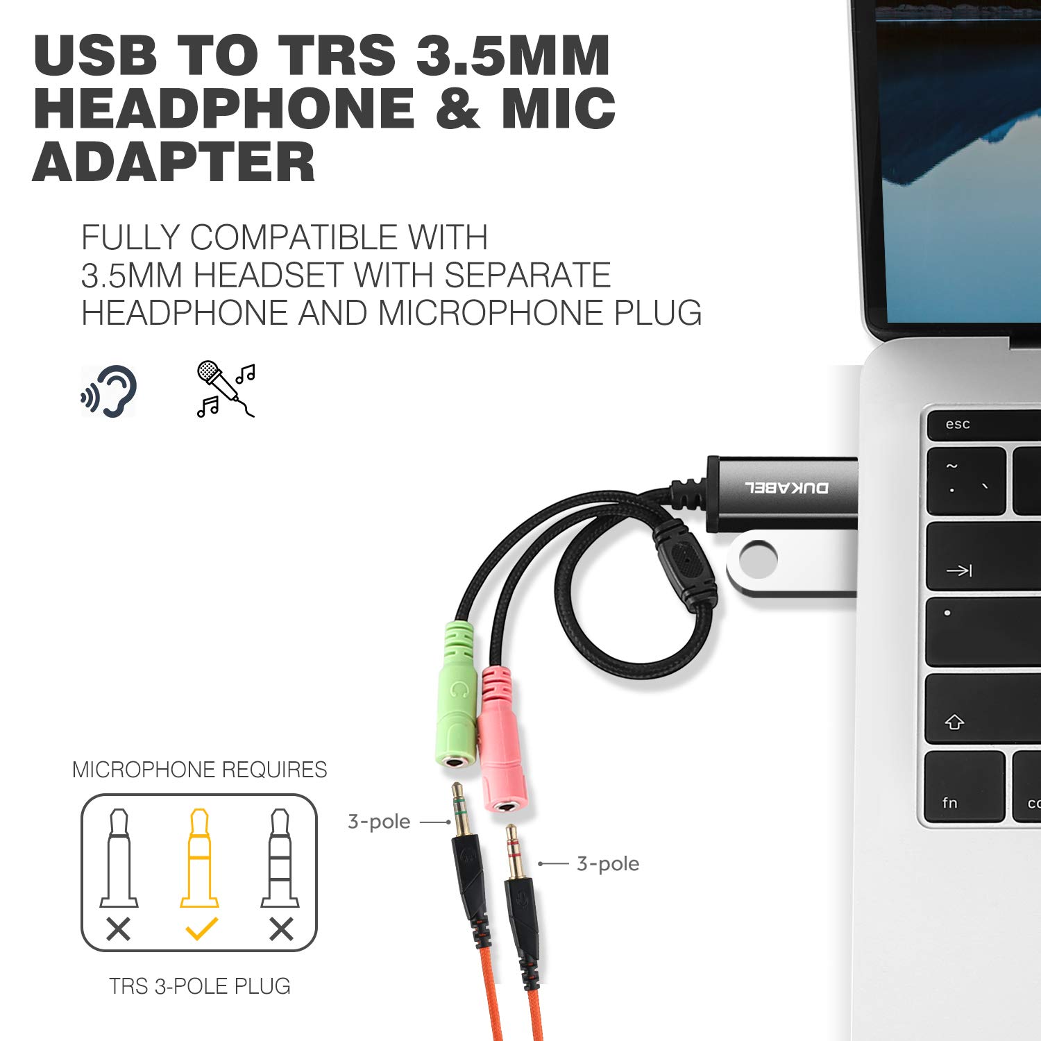 USB Audio Adapter, DuKabel USB to 3.5mm Jack TRS AUX Adapter for Built-in Chip USB Sound Card for Headset with Separate Plug TRS 3 Pole Microphones [Metal Housing & Durable Braided / 9.8inch]
