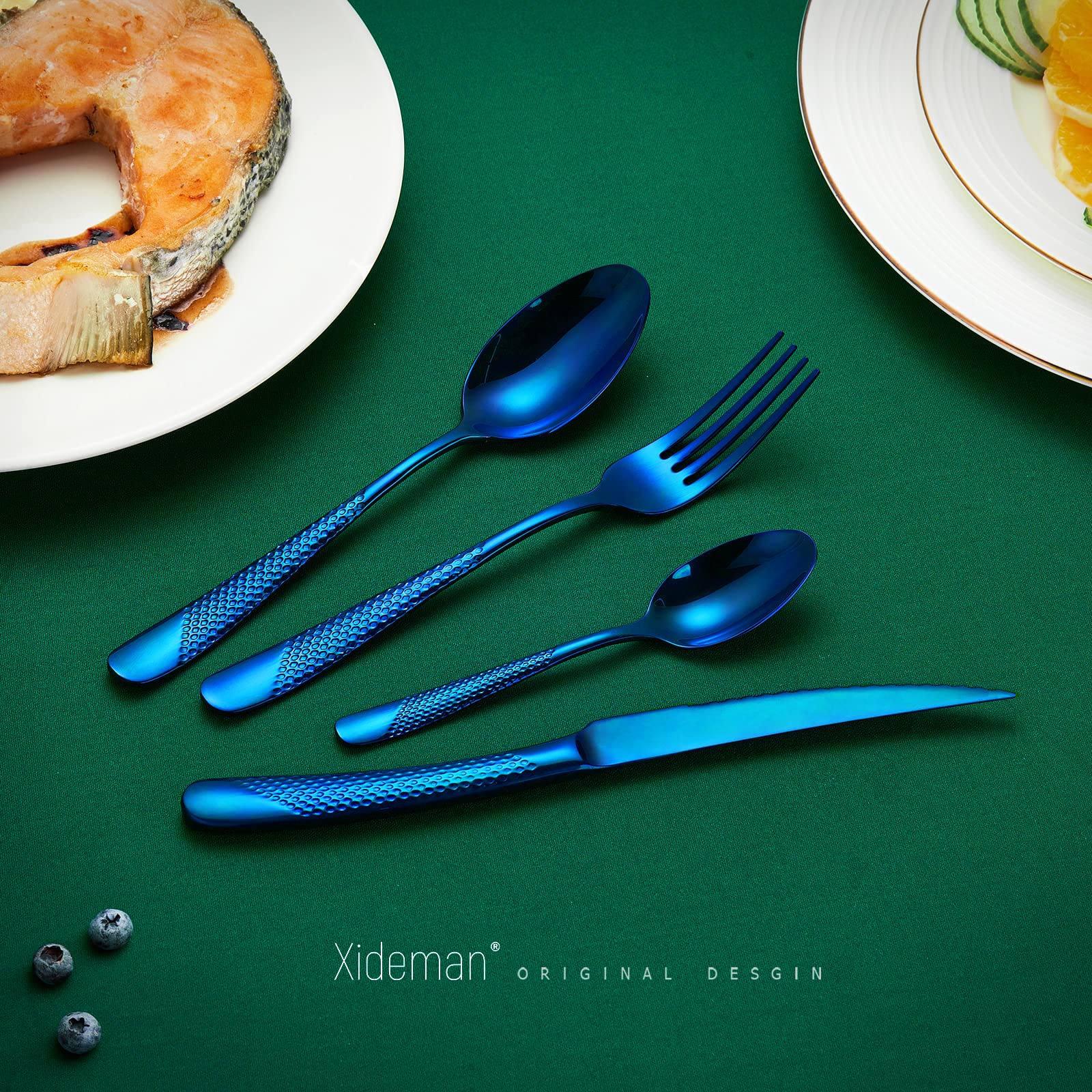 Xideman 16-Piece Modern Blue Hammered Silverware Set with Ultra Sharp 2-IN-1 Serrated knife, 18/10 Stainless Steel Flatware Set, Utensil Cutlery Set for 4 Person, Forks Spoons Knives Set