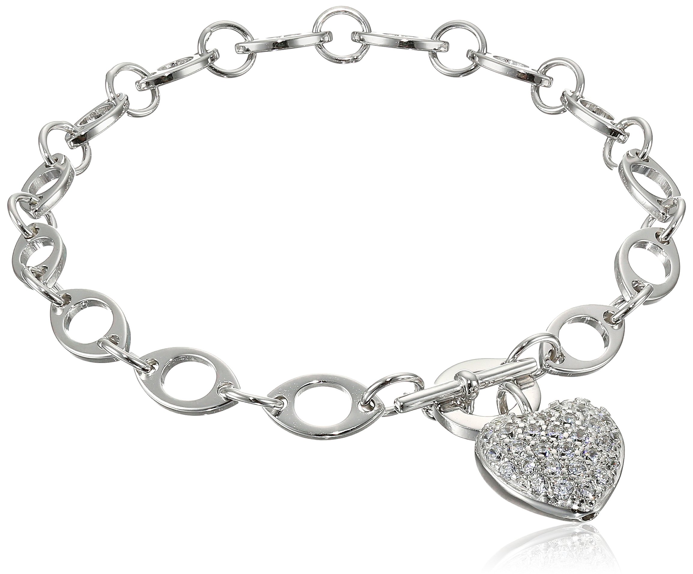Sterling Silver Cubic Zirconia Pave Heart Charm Bracelet, 7.25"
