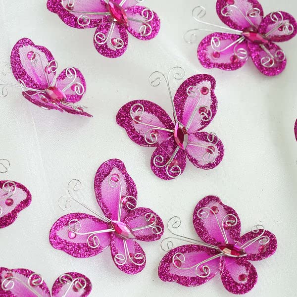 TABLECLOTHSFACTORY 12 Pack Fushia 2" Crystal Studded Organza Butterflies for Wedding Decorations