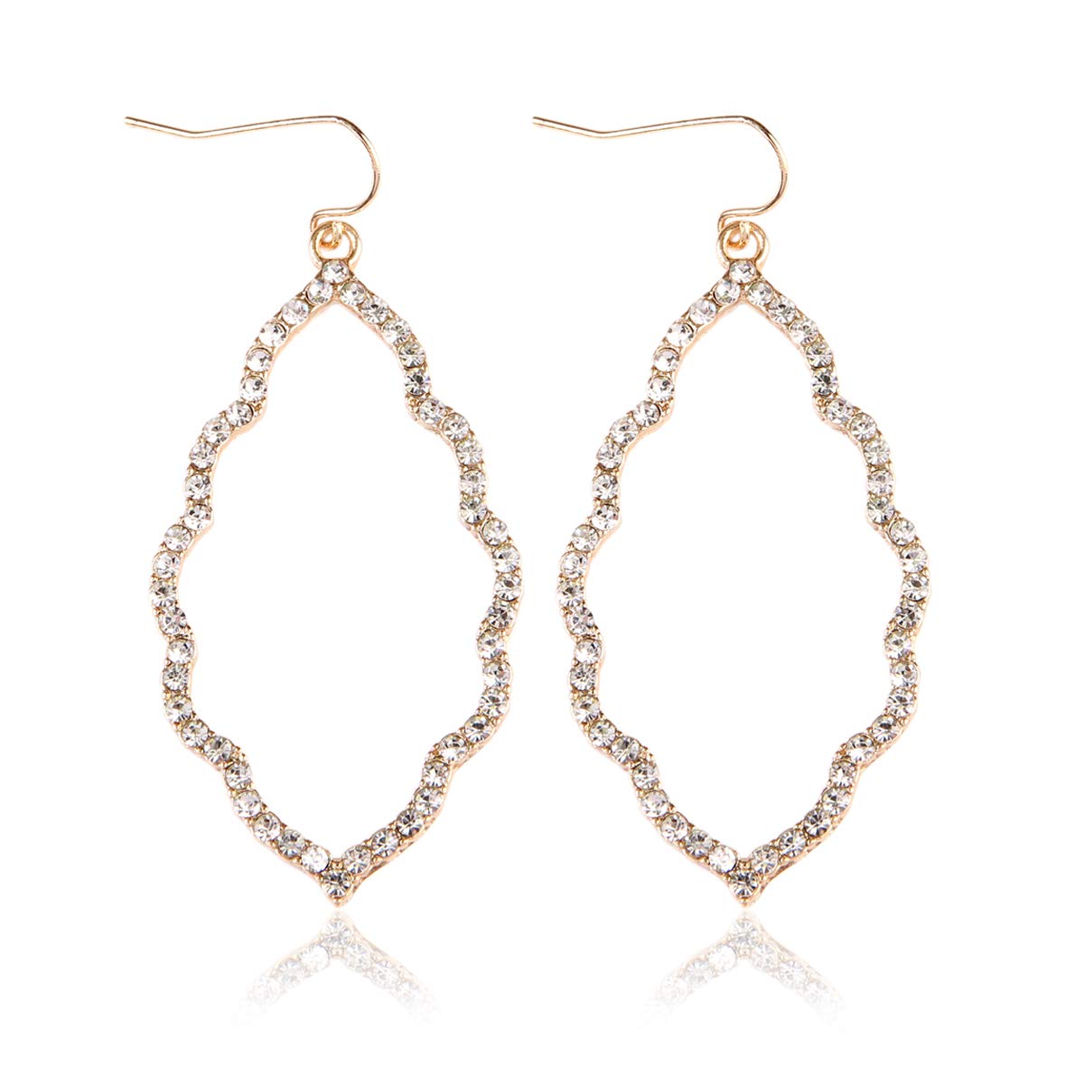 Sparkly Cubic Rhinestone Geometric Lightweight Open Hoop Earrings - Cut-Out Drop Dangles Scalloped, Moroccan, Quatrefoil Clover, Kite (Moroccan - Gold Clear)