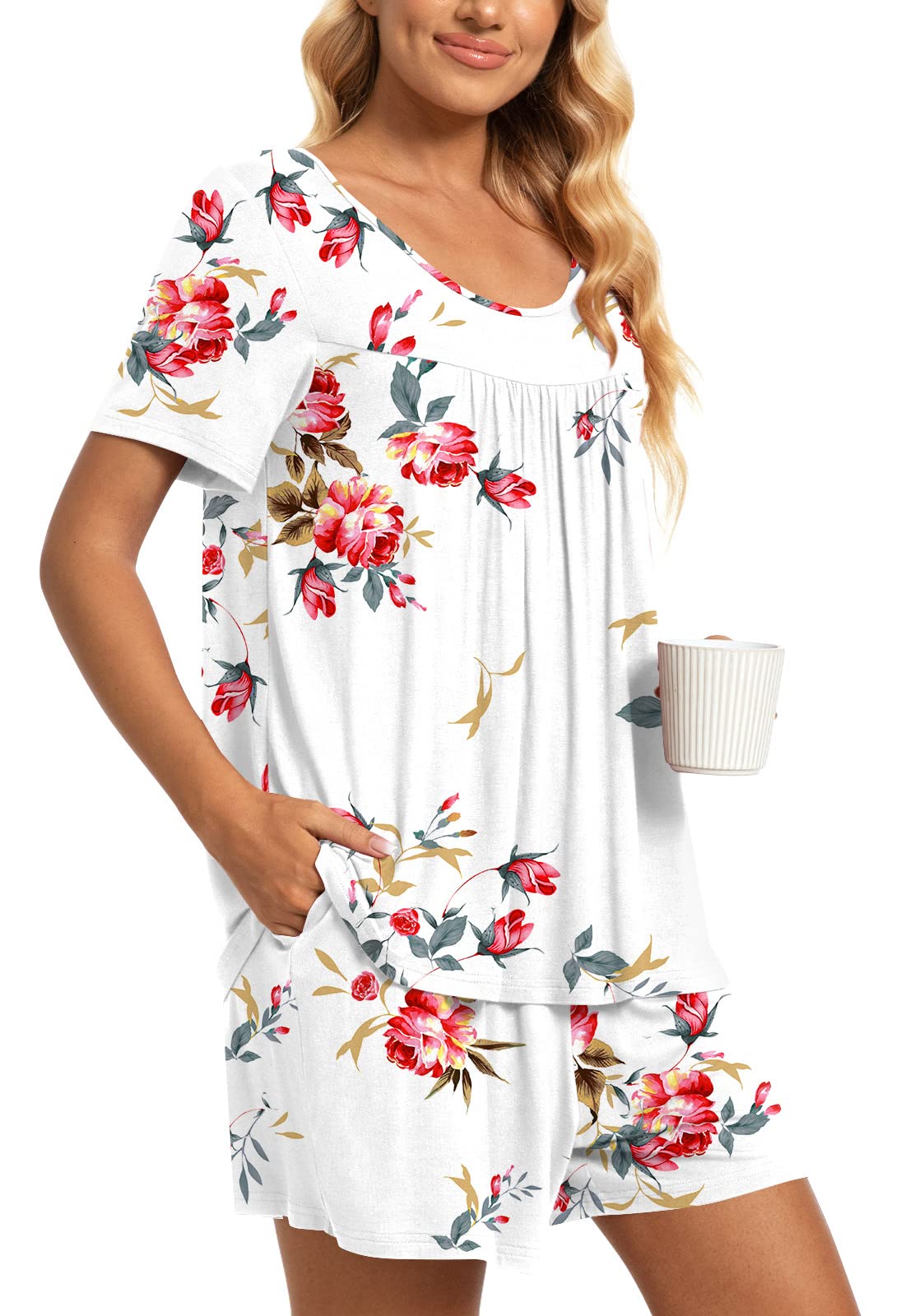 TAOHUADAO Womens Summer 2 Piece Pajama Sets, Short Sleeve Pleated Tunic Tops with Comfy Shorts, Lounge Sleepwear Ladies Pjs Sets with Pockets M, Floral White