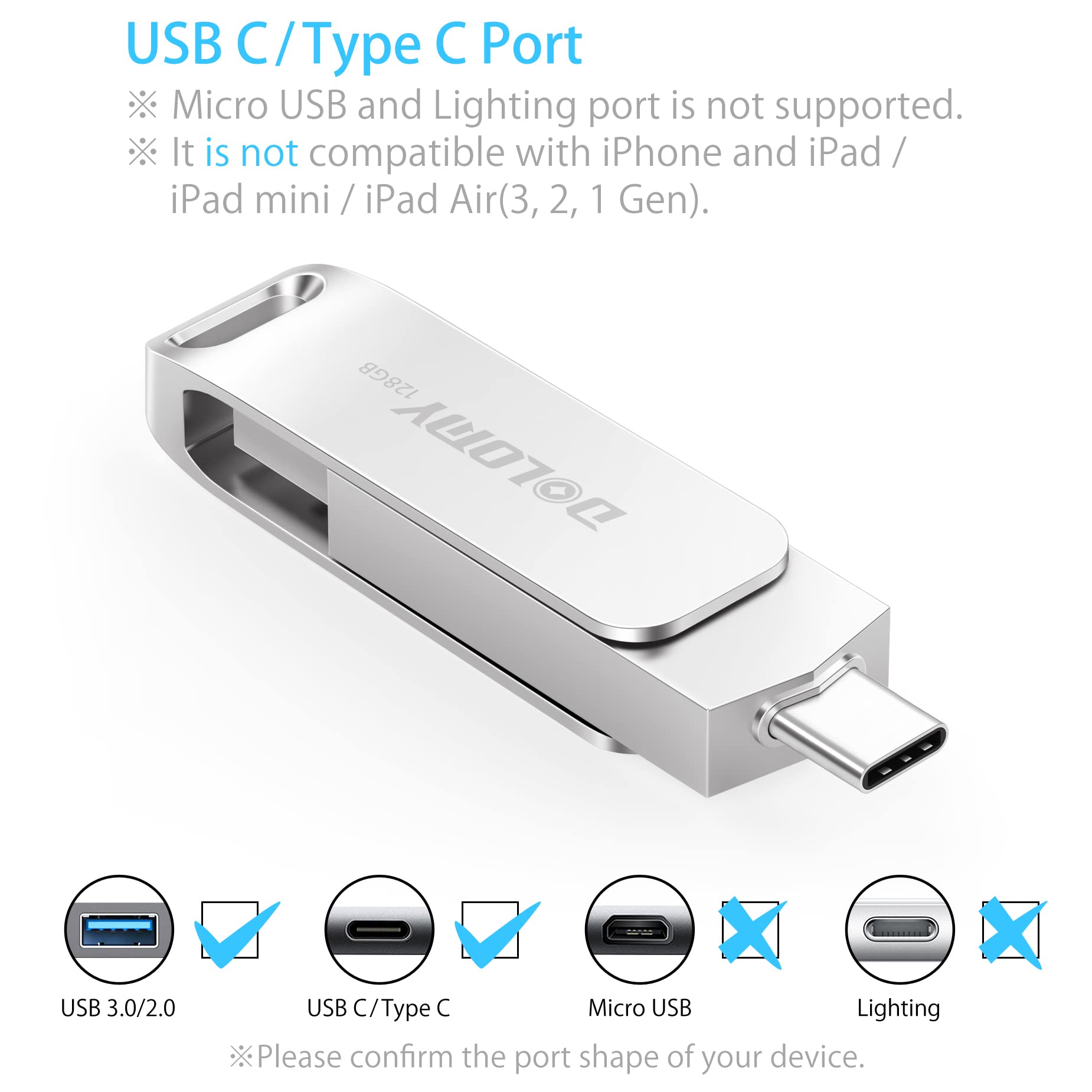 USB C Flash Drive, Dolomy 32GB USB 3.1 to USB C Thumb Drive, 2 in 1 OTG Metal USB C Memory Stick for Type C Smartphones, Tablets, PC, USB C Devices