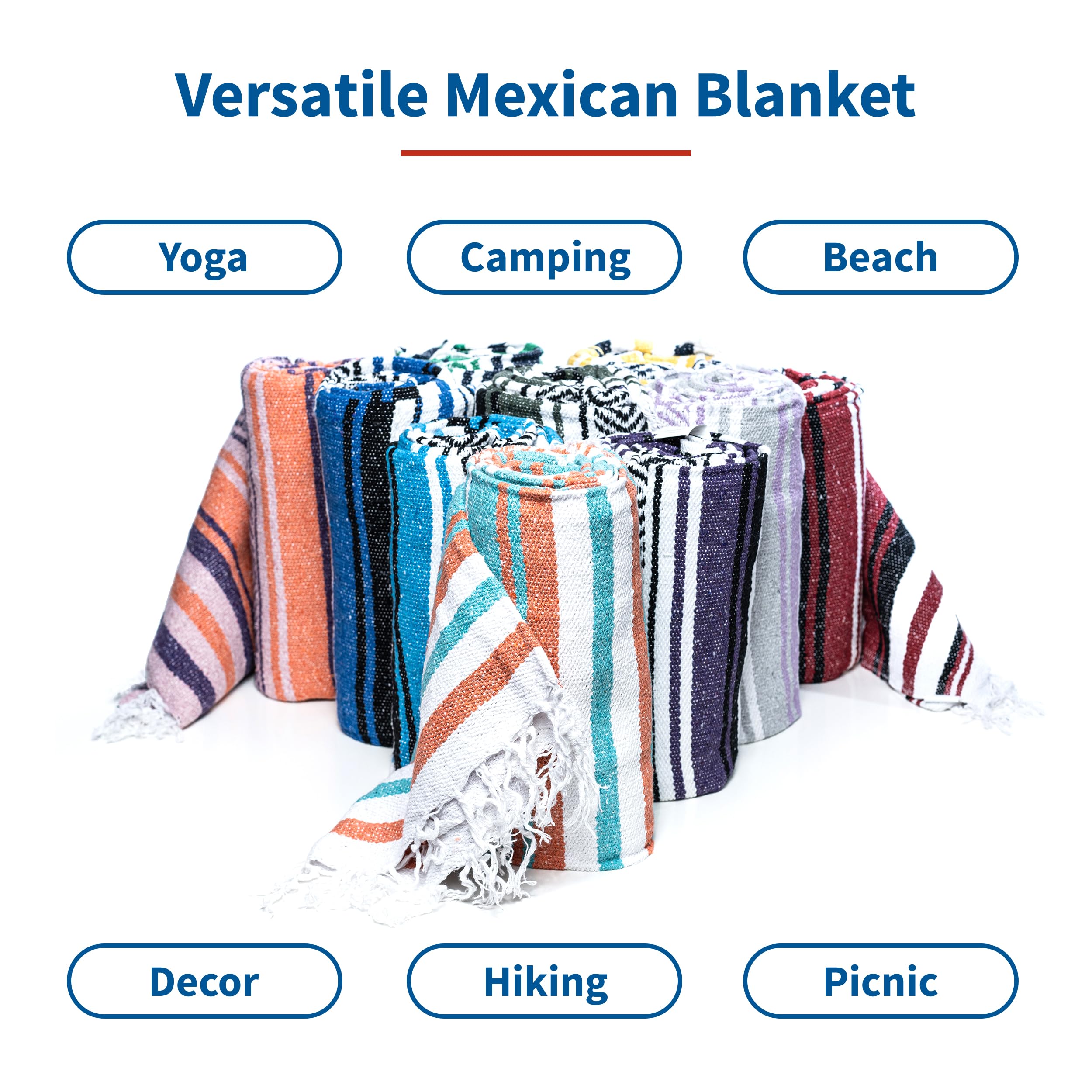 Vera Cruz Mexican Blankets and Throws, 10 Pack Mexican Blanket, 75" x 53" Yoga Blankets for Schools and Studios, Camping, Picnic, or Beach Blanket, Burgundy/White/Black