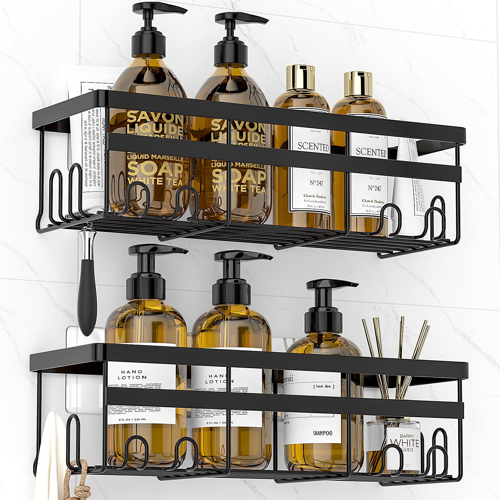 WOWBOX Shower Caddy Shelf Organizer, 2 Pack Adhesive Black Bathroom Accessories, Save Space with Hooks, Toiletries Organization And Storage Stainless No Drilling Shower Shelves