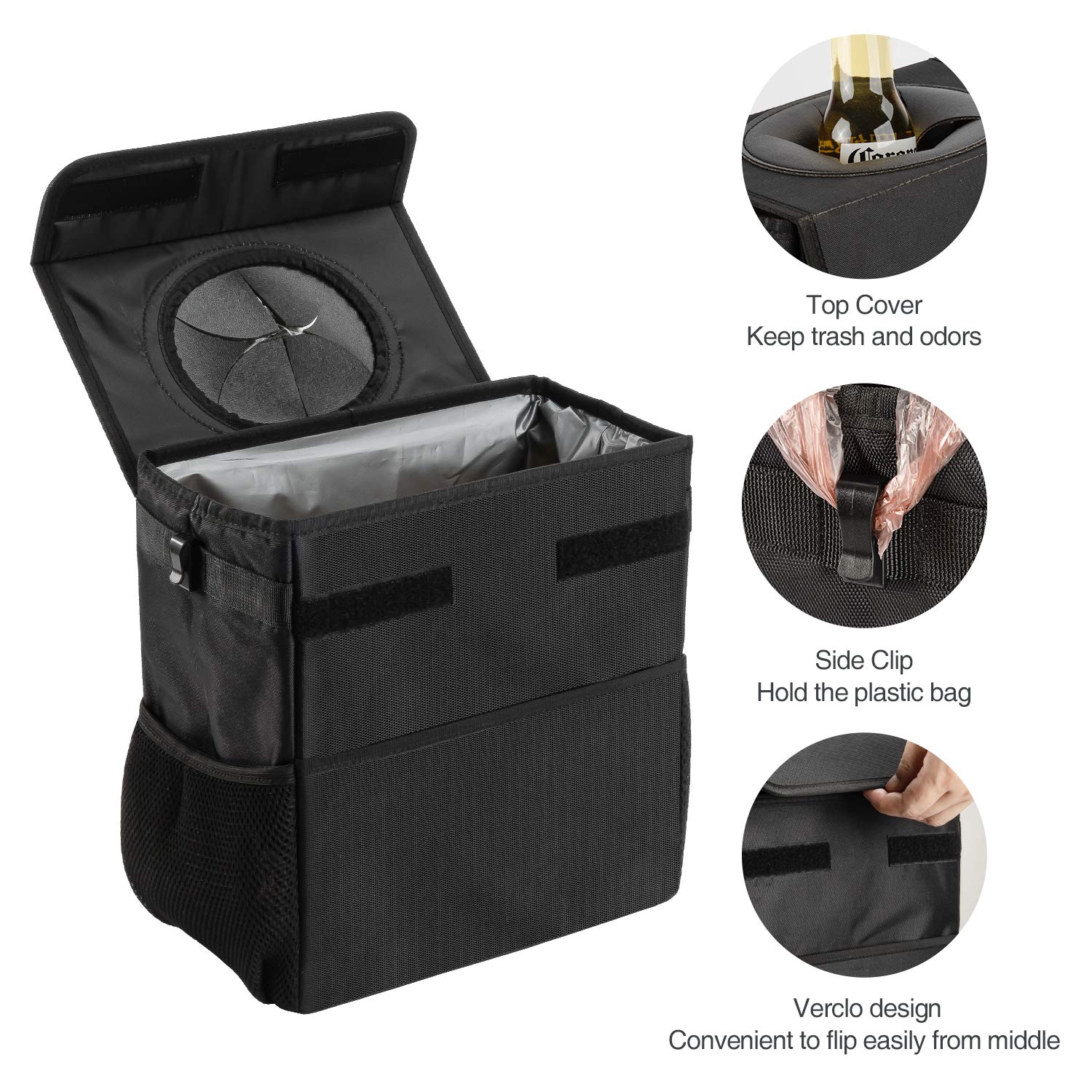 Ryhpez Car Trash Can with Lid - Car Trash Bag Hanging with Storage Pockets, Leak-Proof Collapsible Garbage Bin for Car(3.2 Gallon/12L)