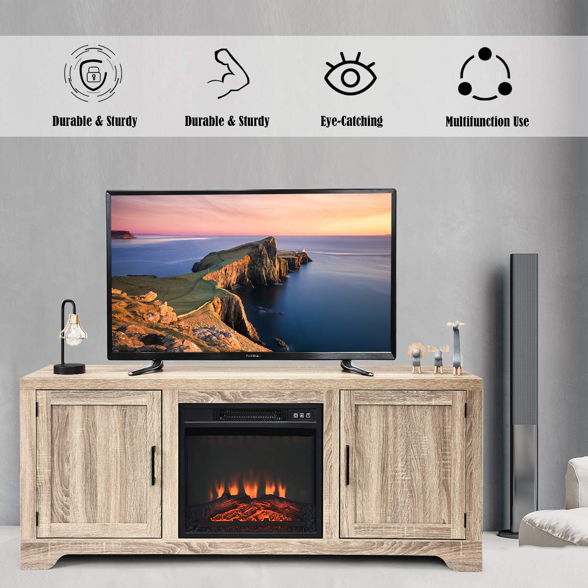 Tangkula 65" TV Stand, Storage Cabinet Console, Television Console, Media Component TV Stand with Adjustable Shelves. Suitable for 18" x 17" Fireplace (not Included) (Grey)