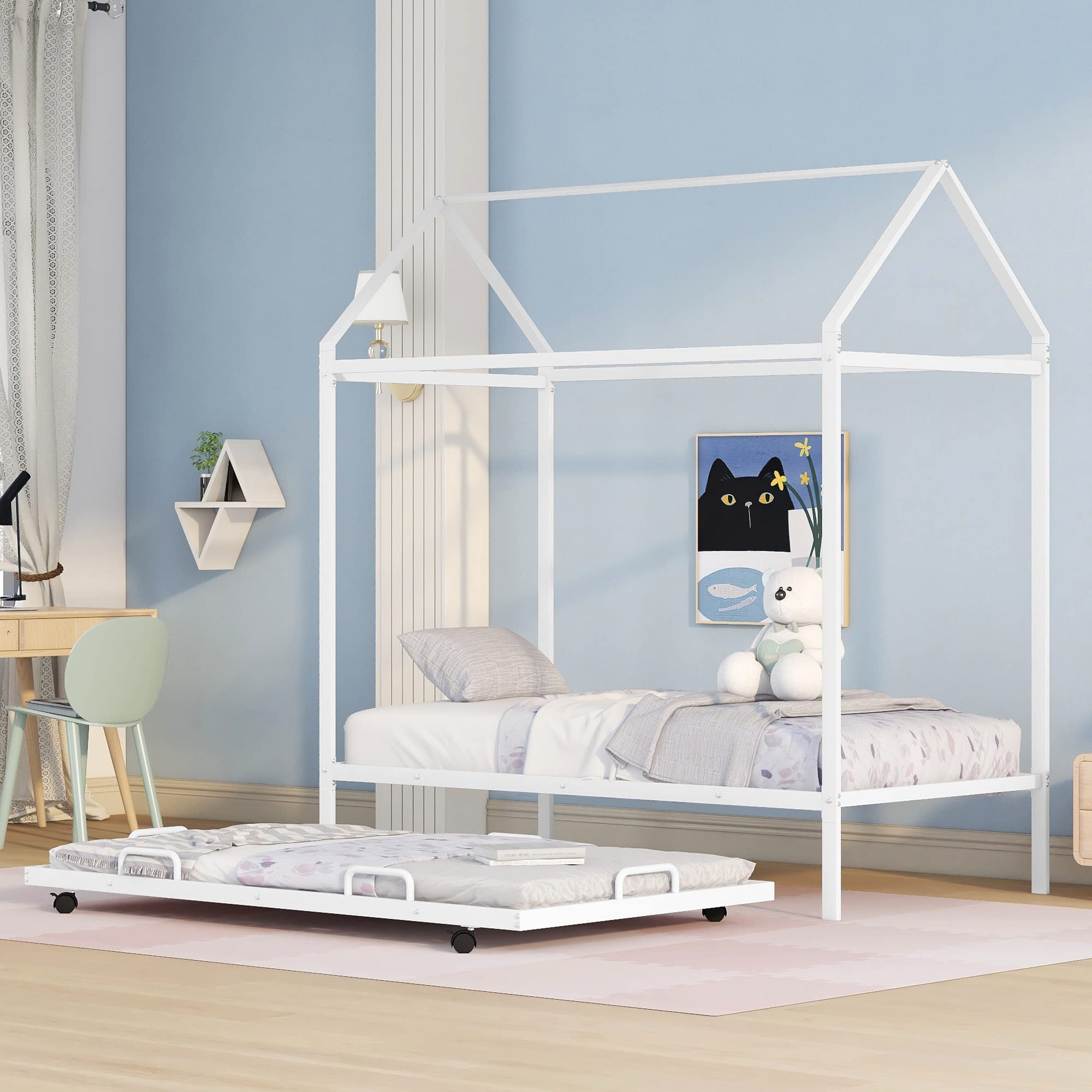 Twin Over Twin Floor Bunk Bed with Slide and Ladder,Solid Pine Wood Low Bunkbeds w/Safety Guardrails,No Box Spring Needed, Noise Free for Dorm, Bedroom, Guest Room(Grey)