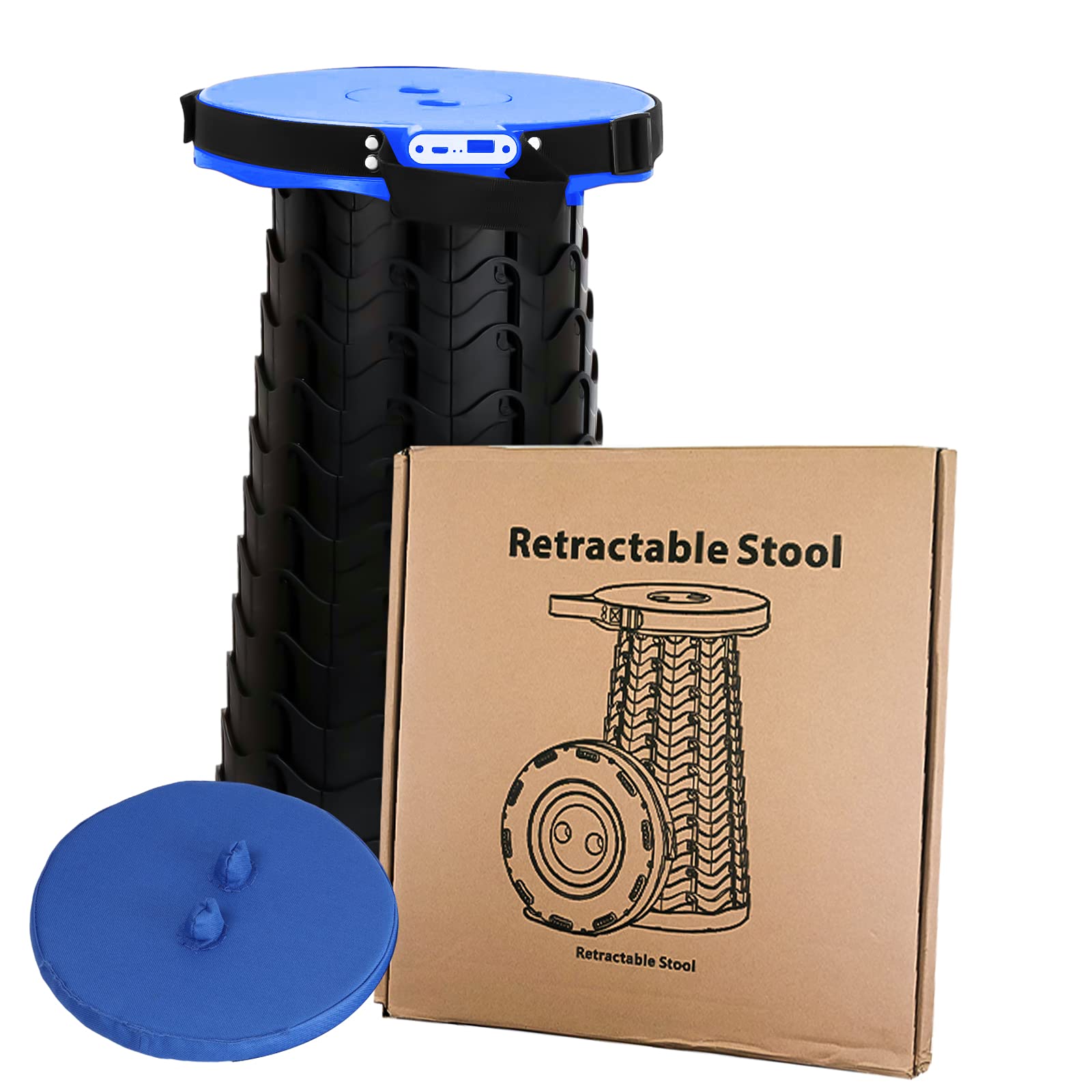 Telescopic Camping Stool Portable Retractable Foldable Collapsible with Mobile Charger & Memory Foam Cushion for Indoor/Outdoor Activities Load Capacity Reaching 400 lbs (Blue) YUETNT WOD.