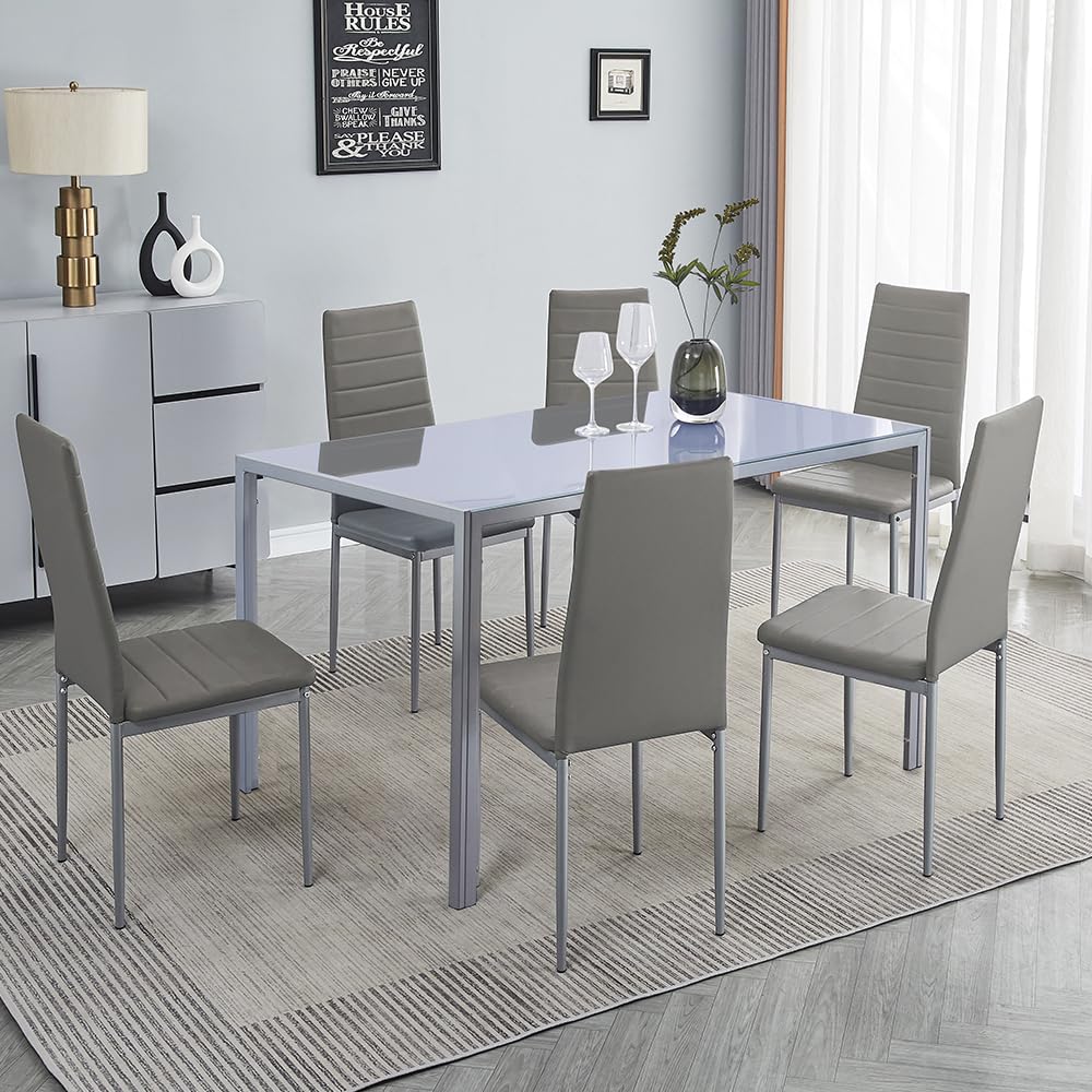 ROZHOME Dining Table Set for 6, 7 Piece Kitchen Table and Chairs with Gray Tempered Glass Table Top and 6 Gray PU Leather Metal Frame Chairs