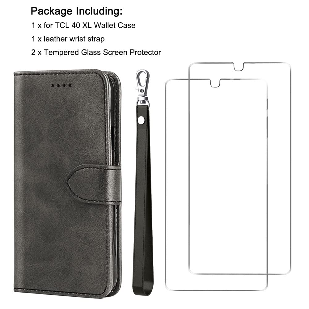 TTYSHTT for TCL 40 XL Case and Tempered Glass Screen Protector, PU Leather Flip Cover Wallet Phone Case Protector [Full Protection] [Card Slots] [Kickstand] for TCL 40 XL, Black