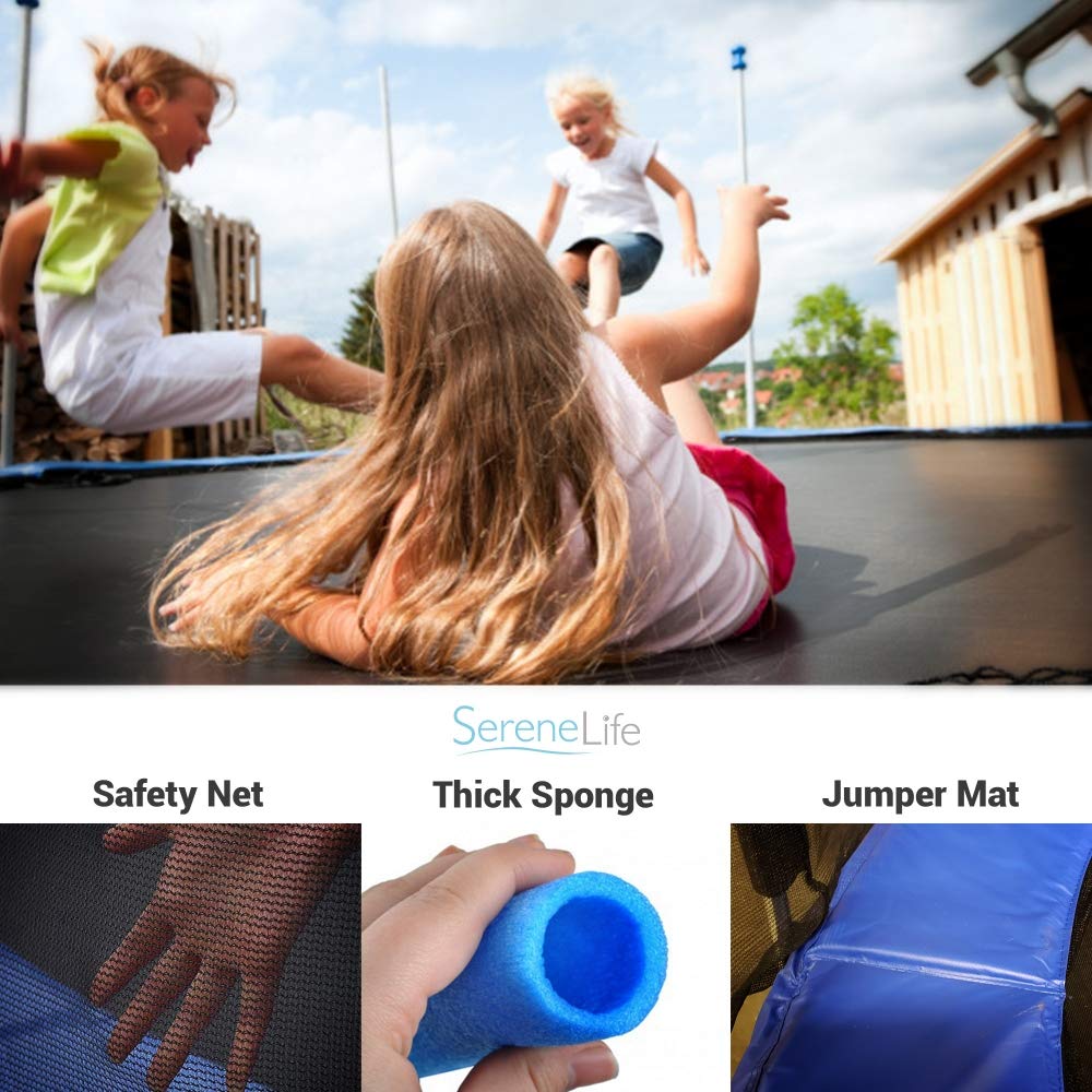 SereneLife ASTM Approved Stable Trampoline Strong with Net Enclosure Outdoor for Teens and Adults β Reinforced, Blue