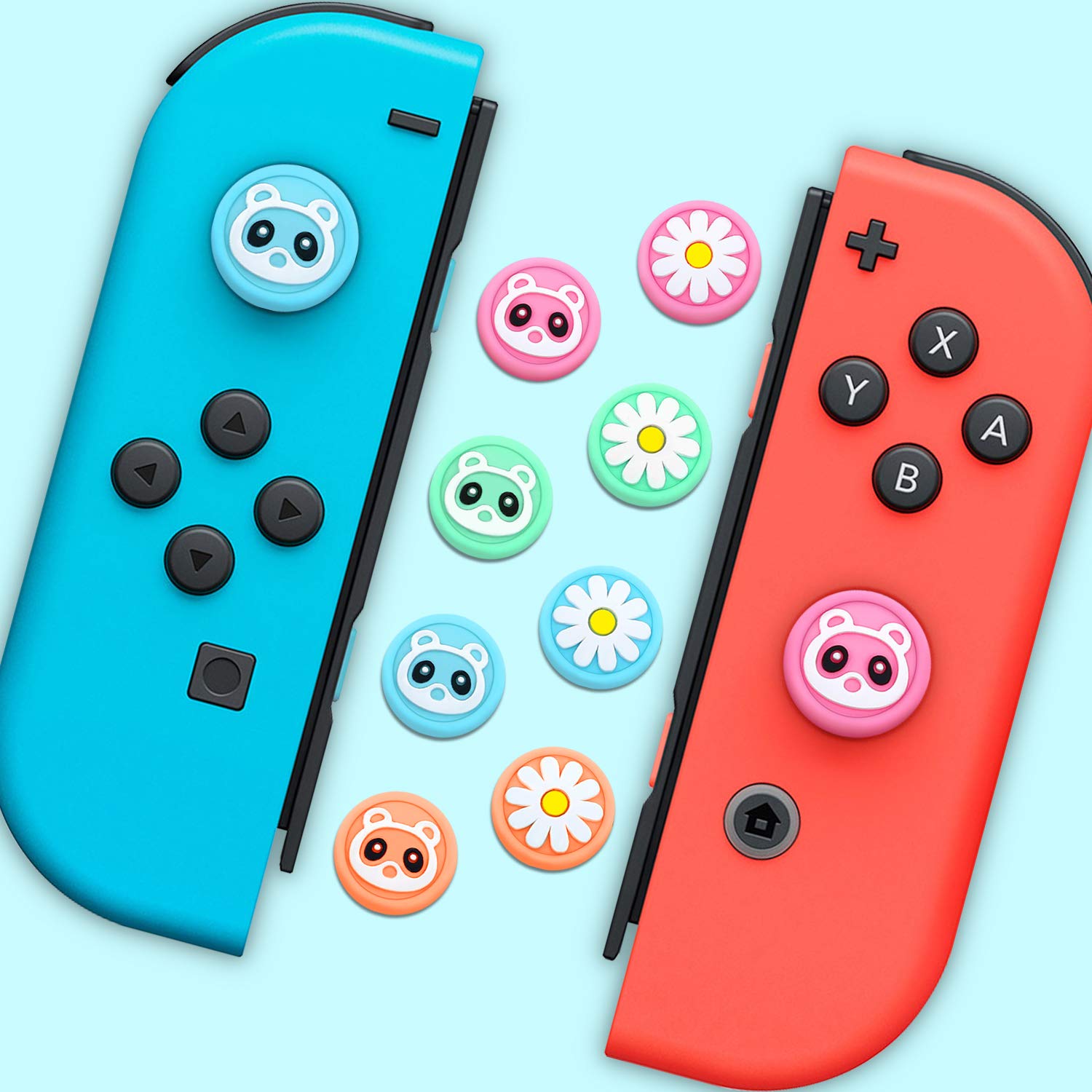 Thumb Grip Caps for Nintendo Switch & Lite Raccoon Flower 8 Pack Cute Design Soft Silicone Cover Joystick Caps Compatible with Switch Joy-Con, Pink&Blue& Green&Orange