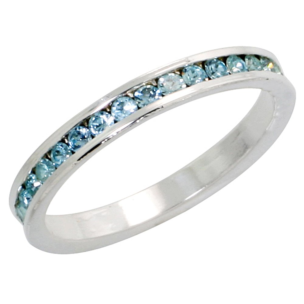 Sterling Silver Stackable Eternity Band, March Birthstone, Aquamarine Crystals, 1/8" (3 mm) wide, size 8.5