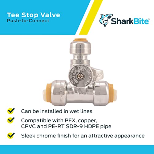 SharkBite 1/2 x 1/2 x 1/4 Inch Compression Tee Stop Valve, Push to Connect Brass Plumbing Fitting, PEX Pipe, Copper, CPVC, PE-RT, HDPE, 24983A