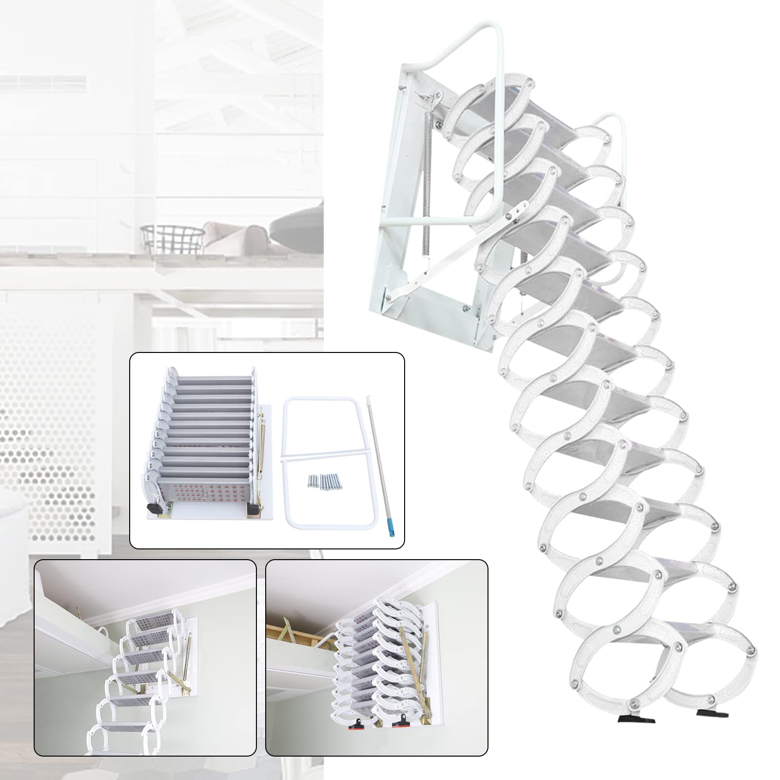 Telescopic Ladder Attic Ladder Pull Down Attic Ladder Alloy Attic Stairs 12 Steps Loft Ladder 9.2FT Wall-Mounted Collapsible Ladder with Armrests (White)