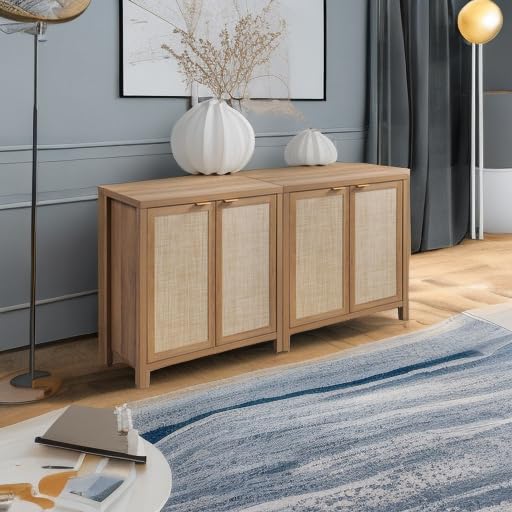 SICOTAS Rattan Sideboard Buffet Credenza Cabinet - 2 Pieces Farmhouse Kitchen Coffee Bar Cabinet with Rattan Decorated Doors - Boho Chest Storage Buffet Cabinet - Oak