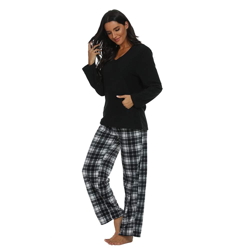 U2SKIIN Mens Pajama Set, Plaid Pajamas for men Long Sleeve Sleepwear Warm Pjs Set with Pockets(Black/Red-Black Plaid, XL)