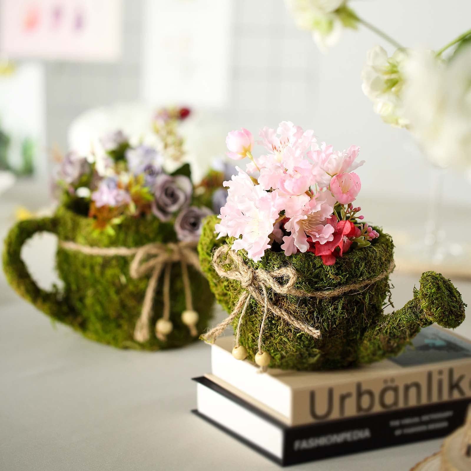 TABLECLOTHSFACTORY Set of 2 | Preserved Moss Watering Can Planter Box with Natural Braided Twine Bow - 11" & 10"