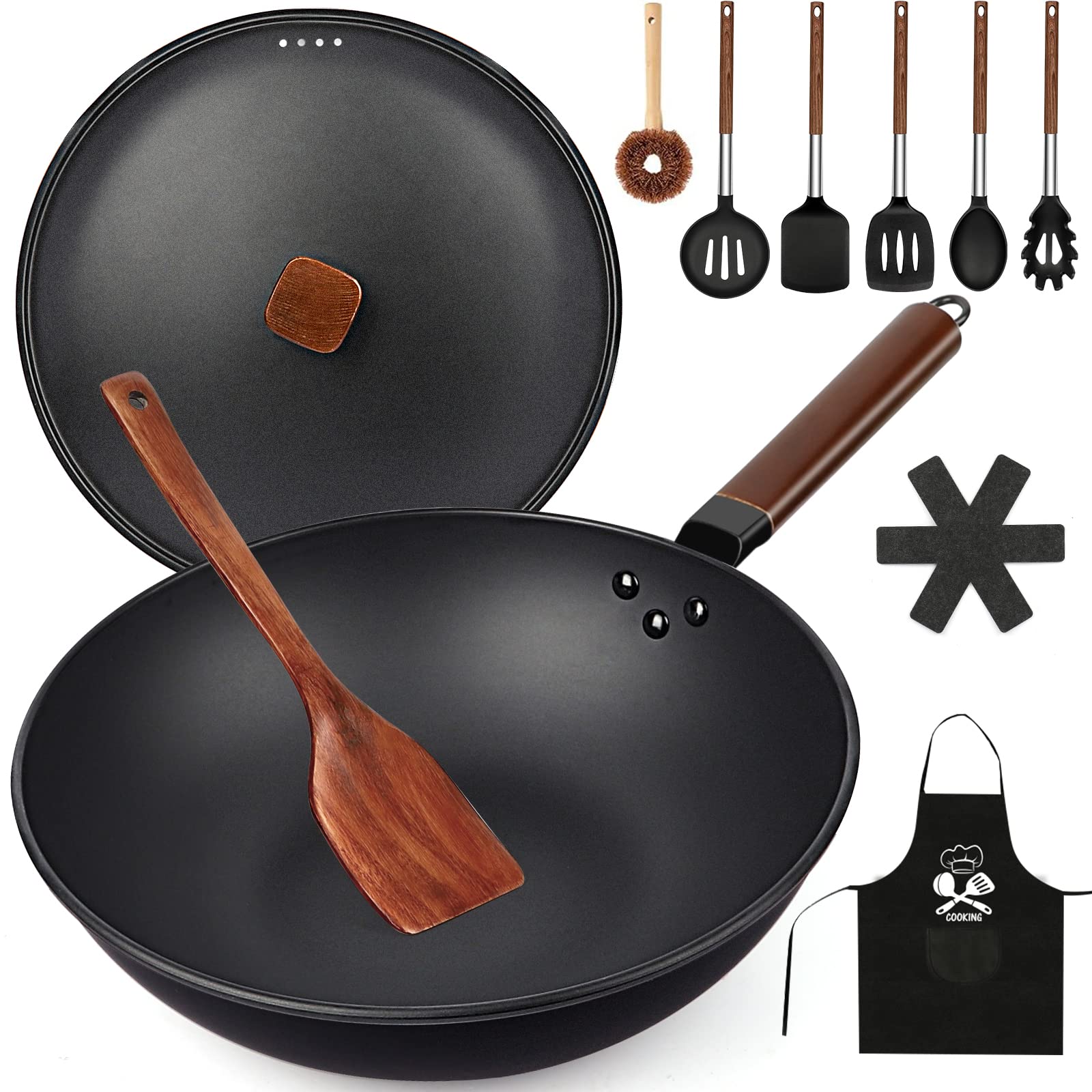 XIHEIMA 13 Inch Carbon Steel Wok Pan with Lid and Spatula,Wooden Cookwares Nonstick Woks ＆ Stir-Fry Pans,No Chemical Coated Flat Bottom Chinese Wok for Induction, Electric, Gas, Halogen, All Stoves