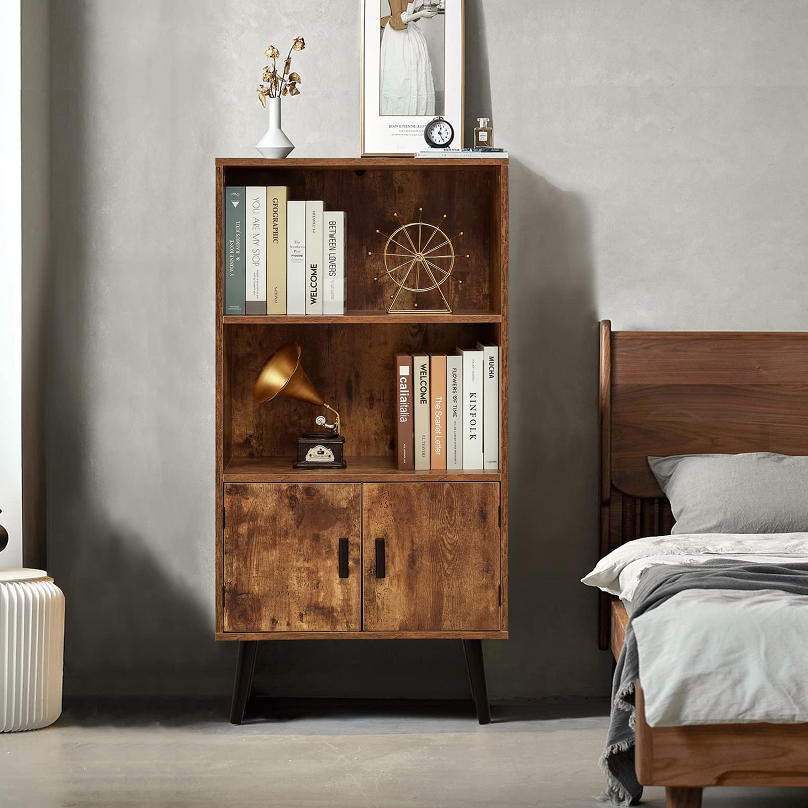 usikey 48.4" H Boho Bookcase, Retro Bookshelf with Doors & 2-Tier Shlef, Mid-Century Modern Storage Cabinet for Bedroom, Study, Living Room, Office, Library, Brown