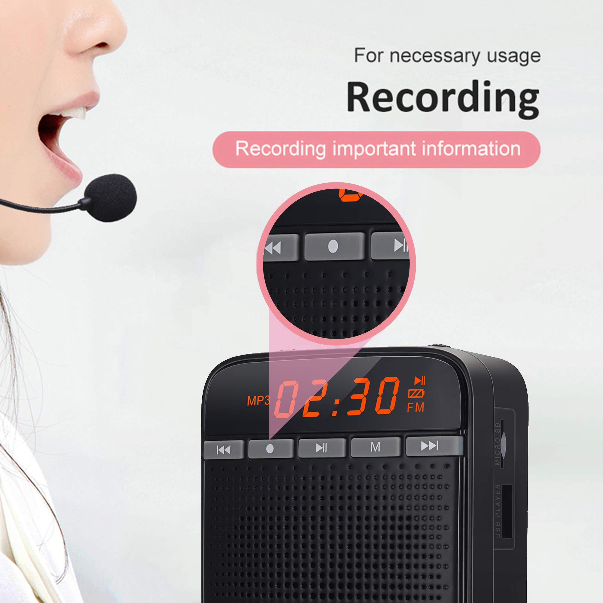 YUESUO Voice Amplifier for Teachers with Wired Microphone,Portable Rechargeable Speakers, Support Racording, AUX TF Card USB Flash Drive MP3 Player, Suit for Teachers, Tour Guide, Coaches