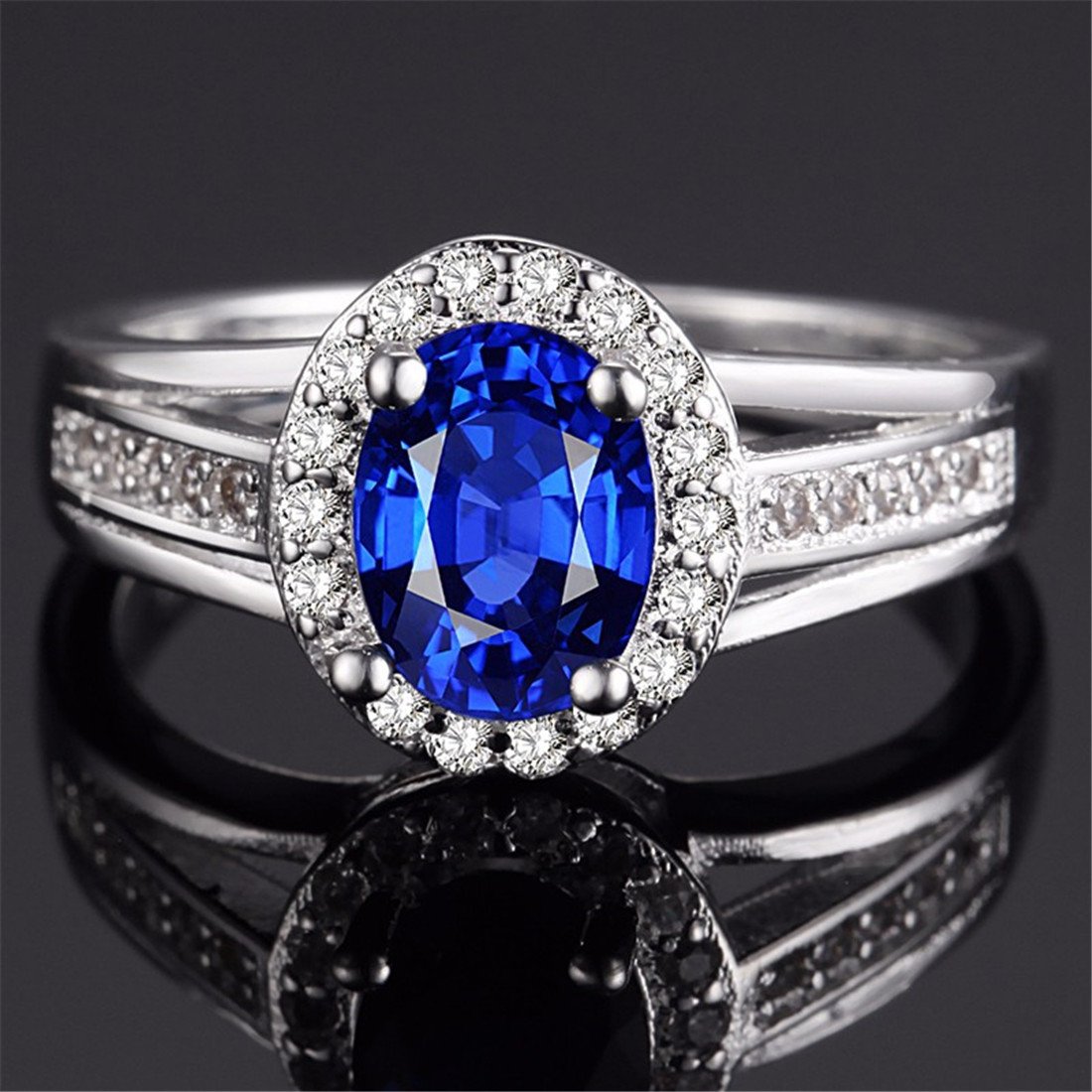 Uloveido Royal Luxury Oval Shaped Simulated Sapphire Engagement Ring Rhodium Plated Brass Navy Blue Solitaire Ring for Women (Size 6) PJ138-BLUE