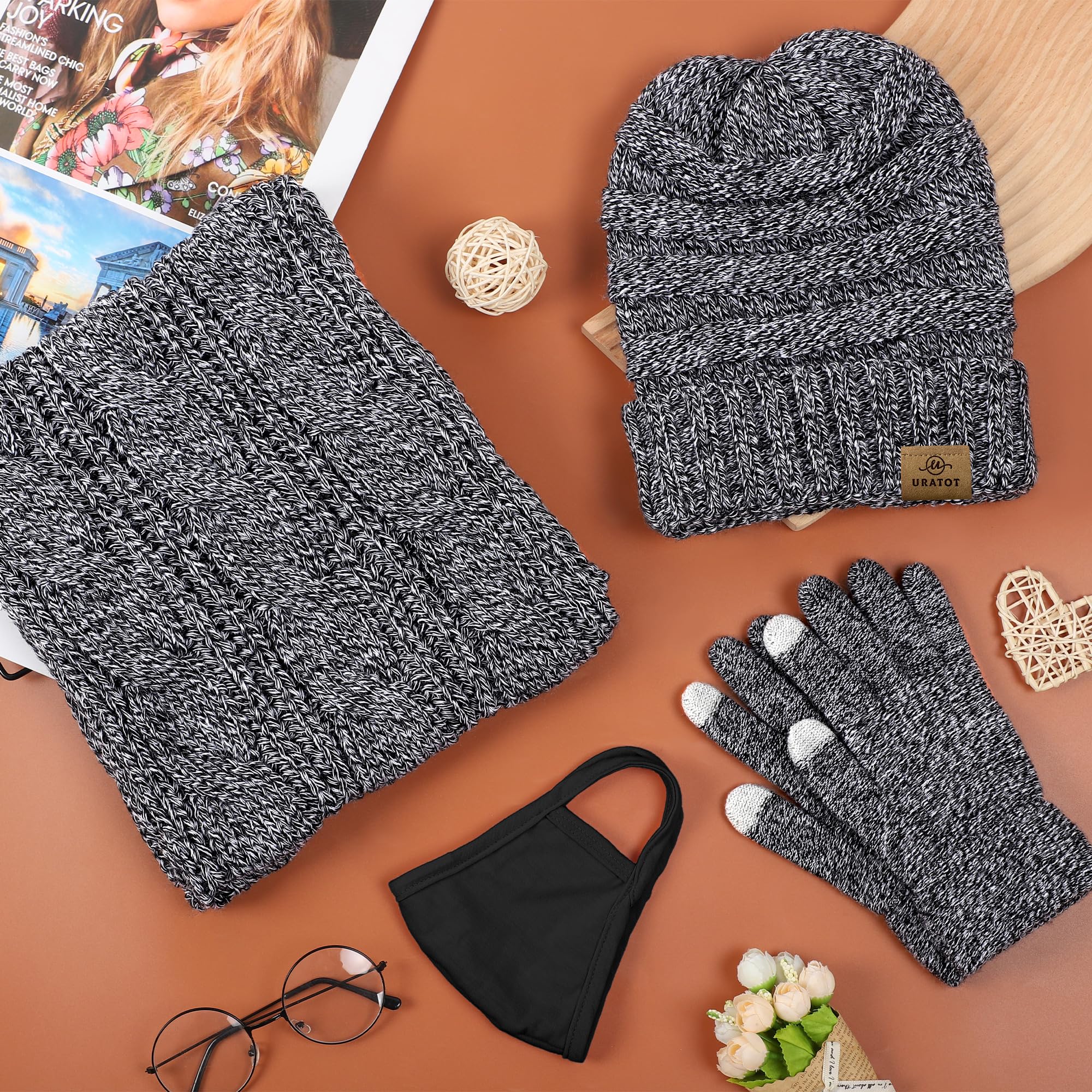 URATOT Winter Knitted Warm Set Infinity Scarf and Hat Touch Screen Gloves for Men and Women