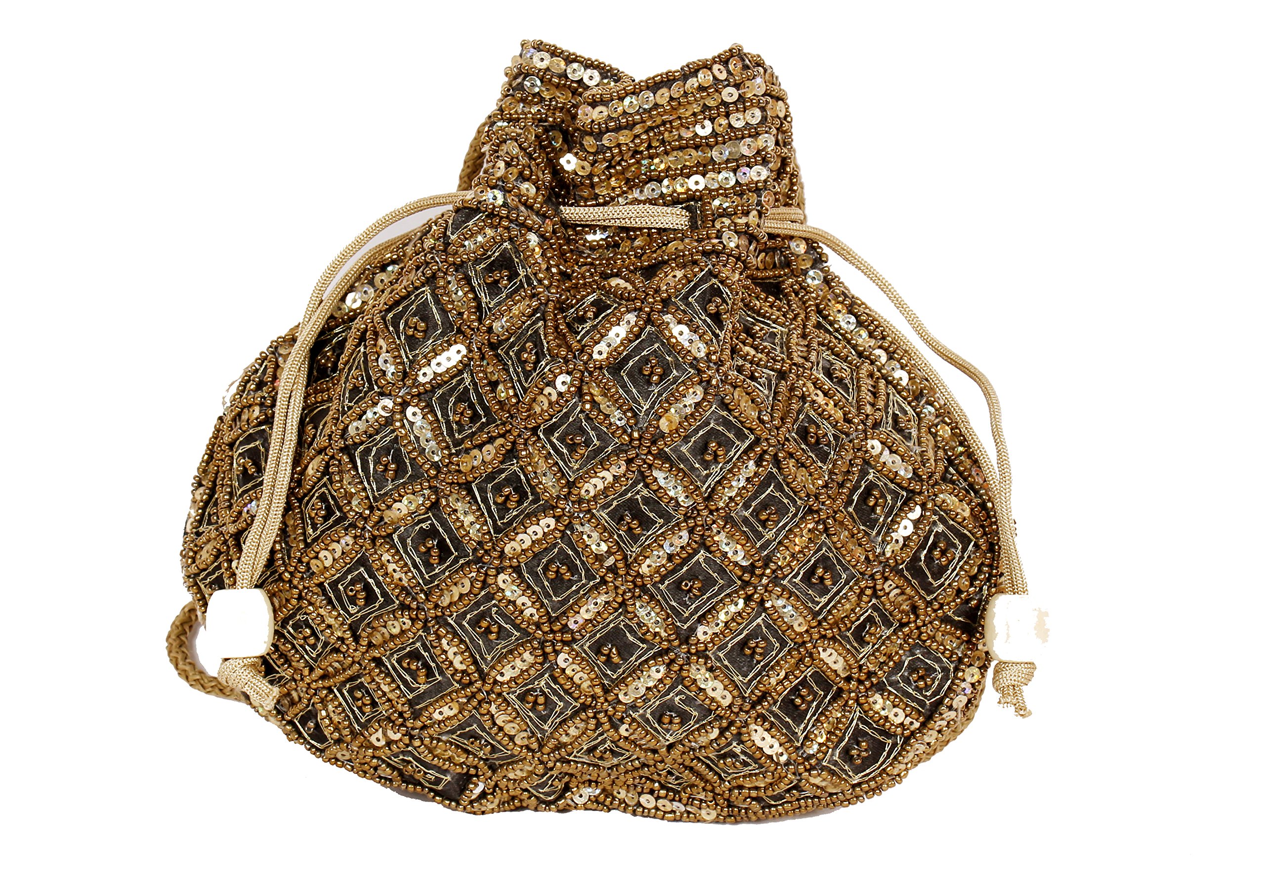 Suman Enterprises Women's Indian Sequence Potli Bag, Wedding Purse/Jewelry Purse (Base Color- Black)
