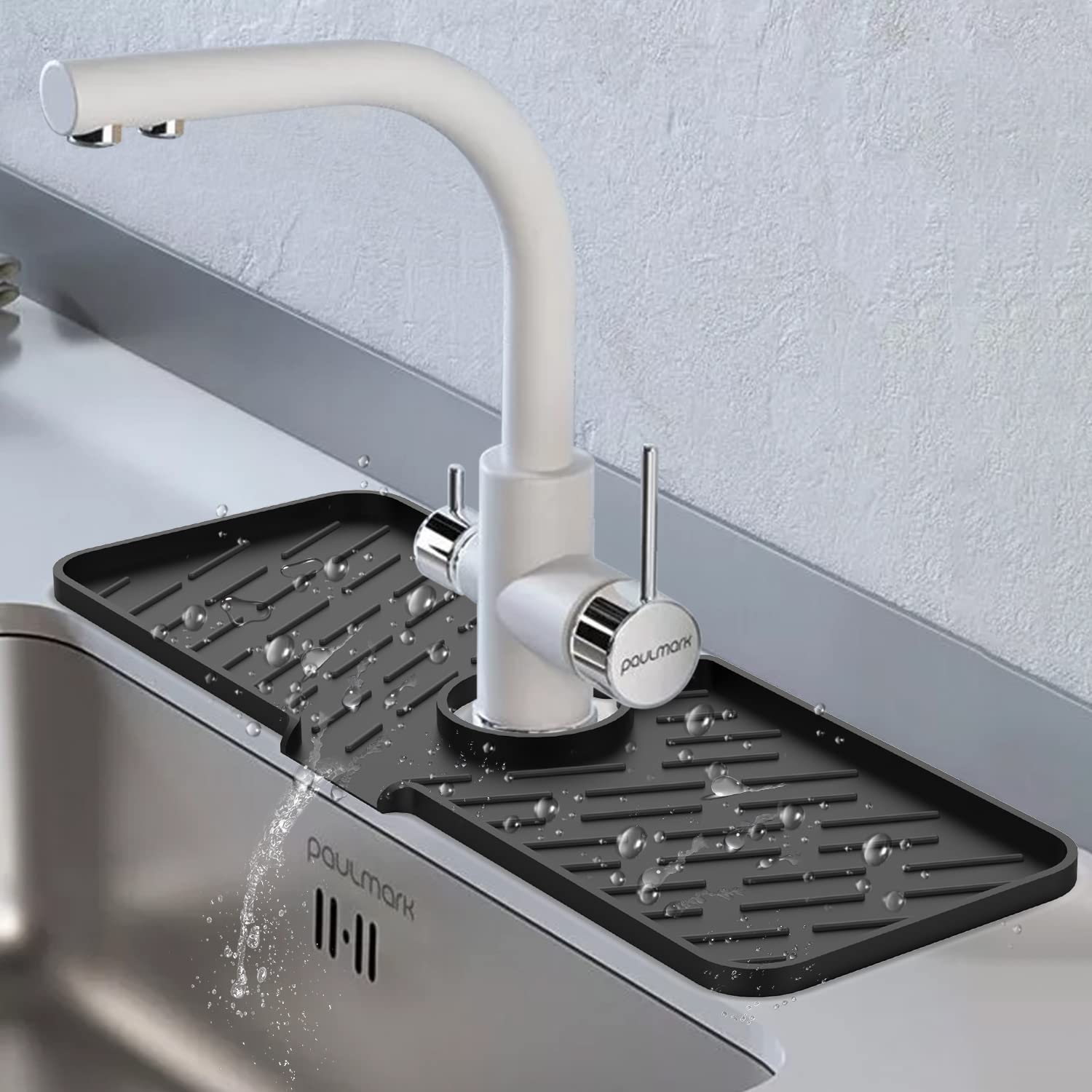 Silicone Sink Splash Guard, 17.7” x 5.5” Faucet Water Catcher Mat, Slope Type Design Longer kitchen Sink Mat, Faucet Handle Drip Catcher Tray Mat for Kitchen Countertop-Faucet Splash Guard