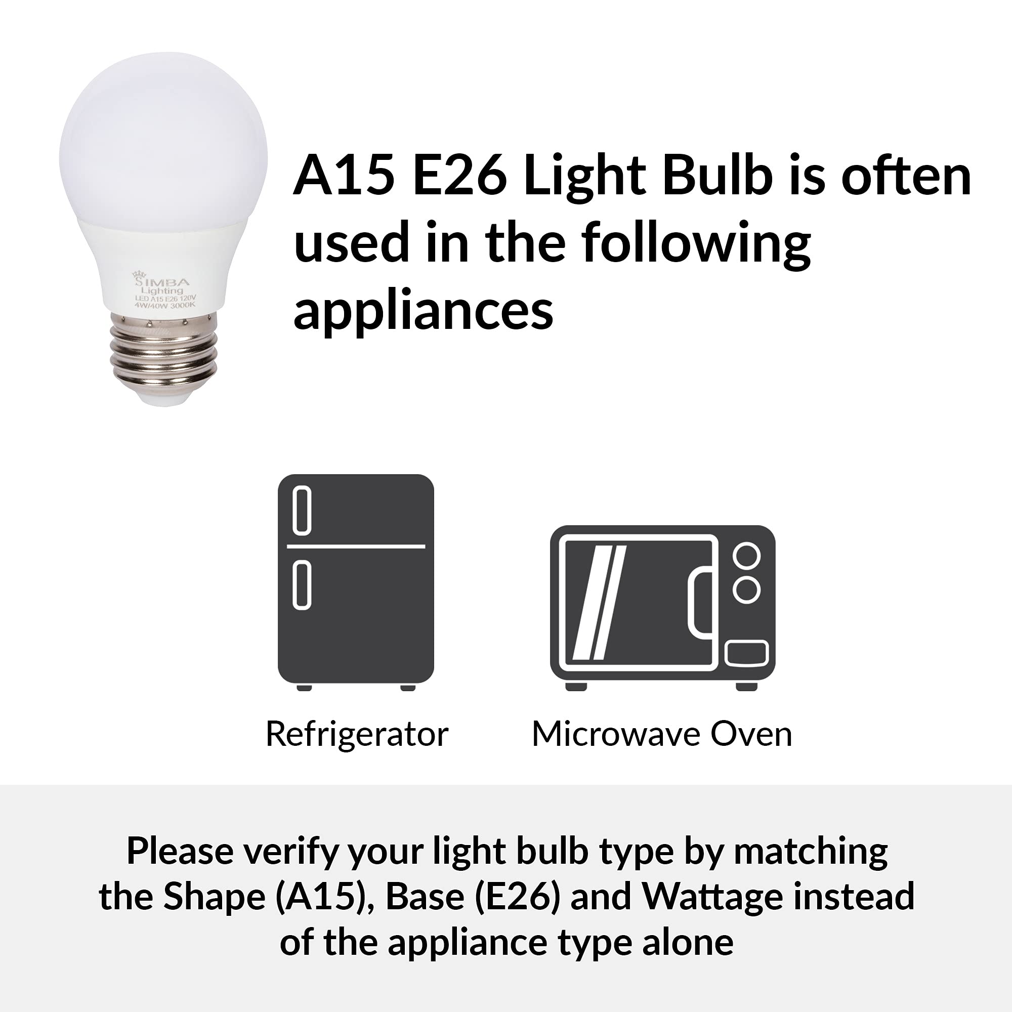 Simba Lighting LED A15 Refrigerator Light Bulbs (6-Pack) 4W 40W Replacement Small for Appliances, Freezers, Ceiling Fans, 120V, E26 Standard Medium Base, Frosted Cover, Not Dimmable, 3000K Soft White