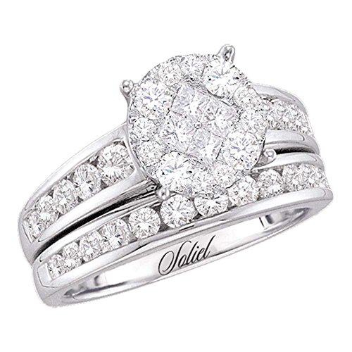 Size - 4 - 14k White Gold Diamond Ladies Womens Bridal Engagement Ring with Matching Wedding Band Two 2 Ring Set Invisible Solitaire Style Center Setting with Side Stones Channel Set Princess and Round Cut Diamond Ring 10mm (1.0 cttw)