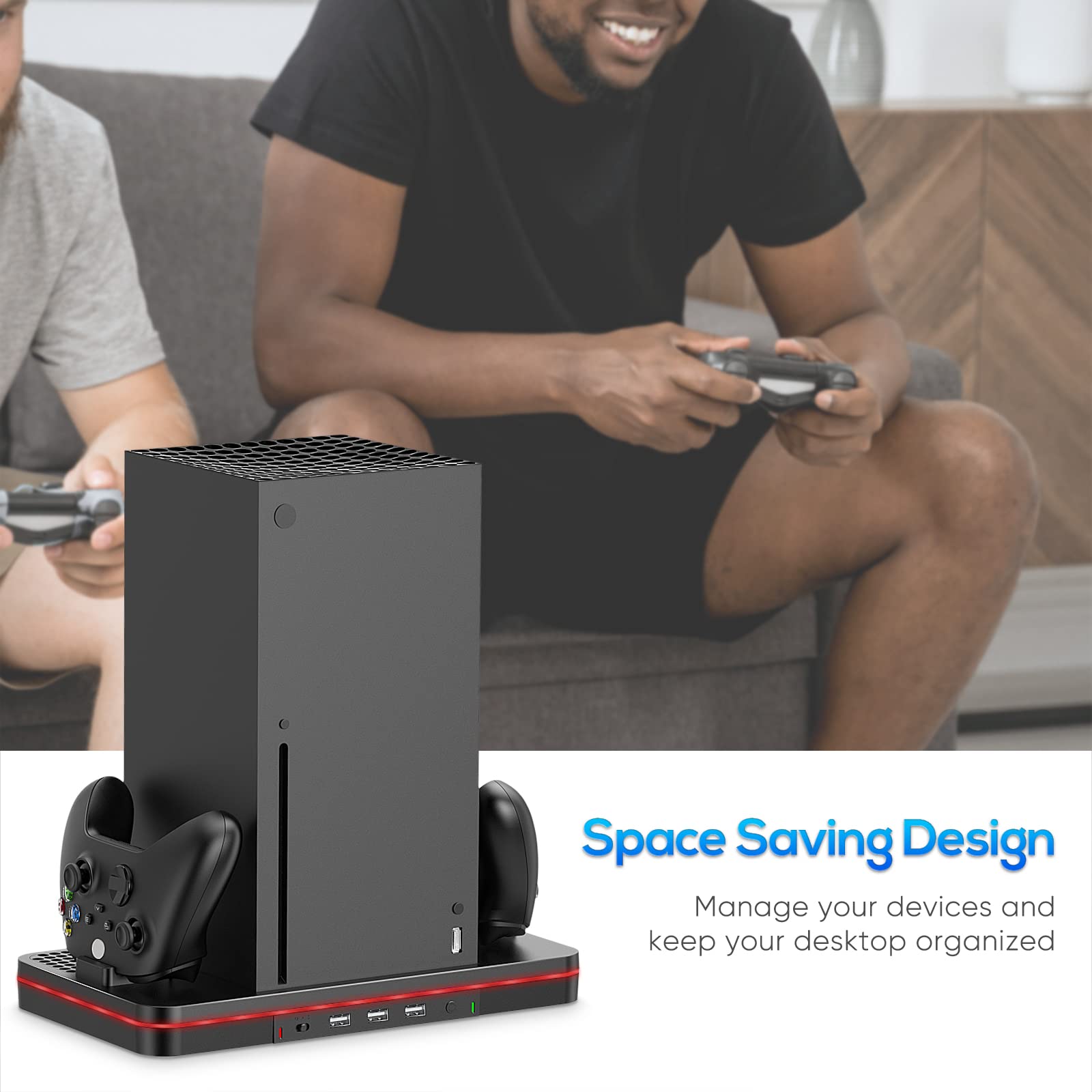 Vertical Cooling Stand for Xbox Series X/S, Dual Controller Charging Station for Xbox Series X/S with Cooling Fan 3 Hub USB Ports