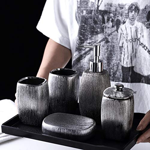 Soap Dispenser 6-Piece Bathroom Accessory Set Luxury Electroplated Silver Ceramic Soap Dispenser Set Includes: Lotion Dispenser, Cotton Swab Bottle, Tray, Tumbler and Soap Dish Soap Dispenser for Bath