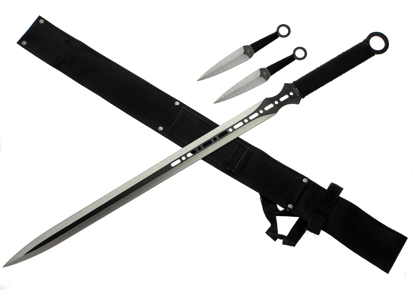 Tactical Master Machete Set with 2 Throwing Knives. Ninja Weapon, Fantasy Sword, Katana. for Camping, Fishing, Hunting, Outdoor Sports and Collections (Black-23)