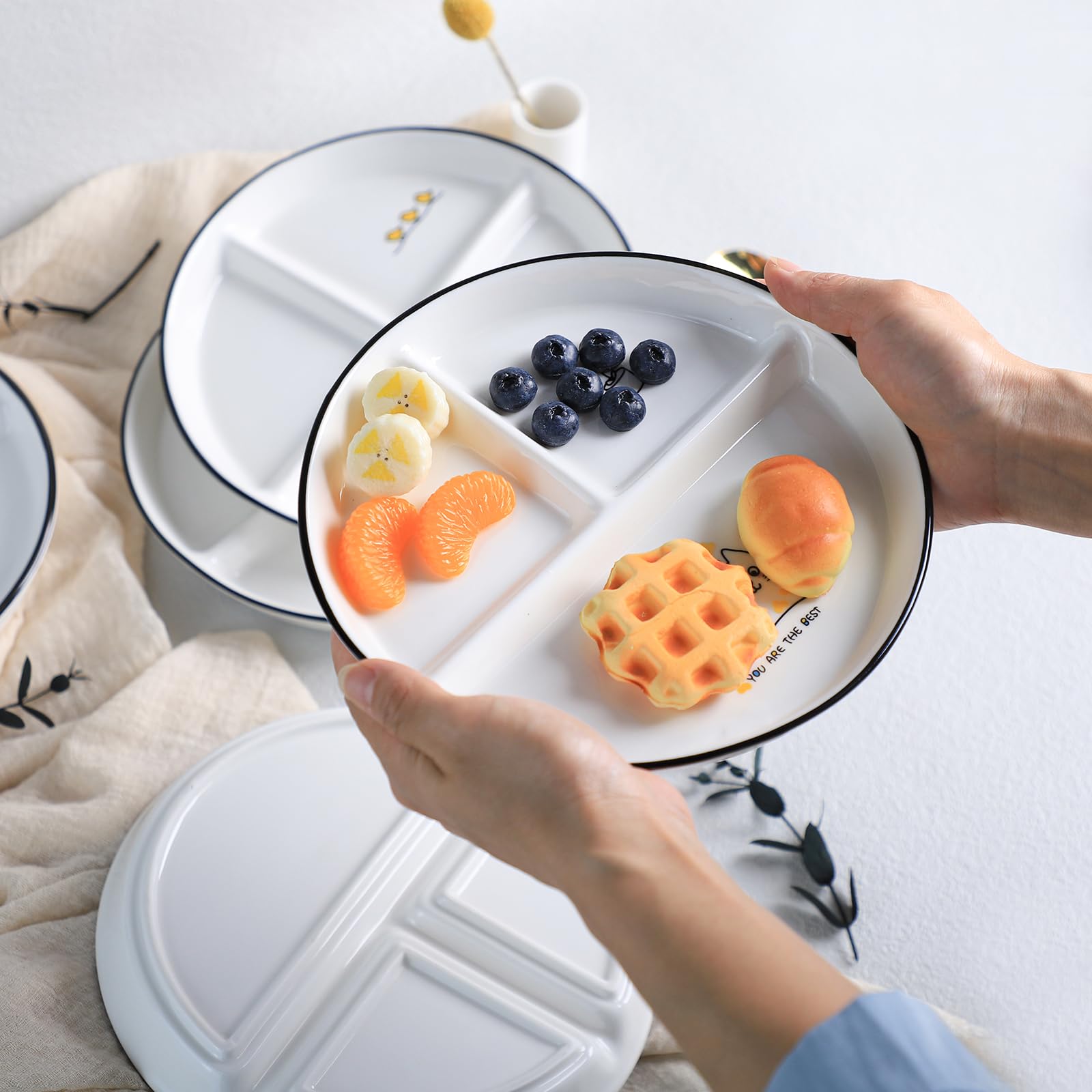 SOCOSY Ceramic 3-Compartment Portion Control Plate Divided Dish Platters, Divided Dessert Plate Salad Plate Dinner Plate Snack Dishes, Appetizer Serving Trays, 1 PCS-White-8 Inch