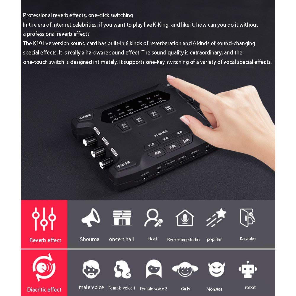 USB External Sound Card, Portable Digital External Sound Card Mixing Console, Built-in Multiple Sound Effects, for Music Recording DJ Network Live Transmission Karaoke