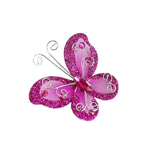 TABLECLOTHSFACTORY 12 Pack Fushia 2" Crystal Studded Organza Butterflies for Wedding Decorations