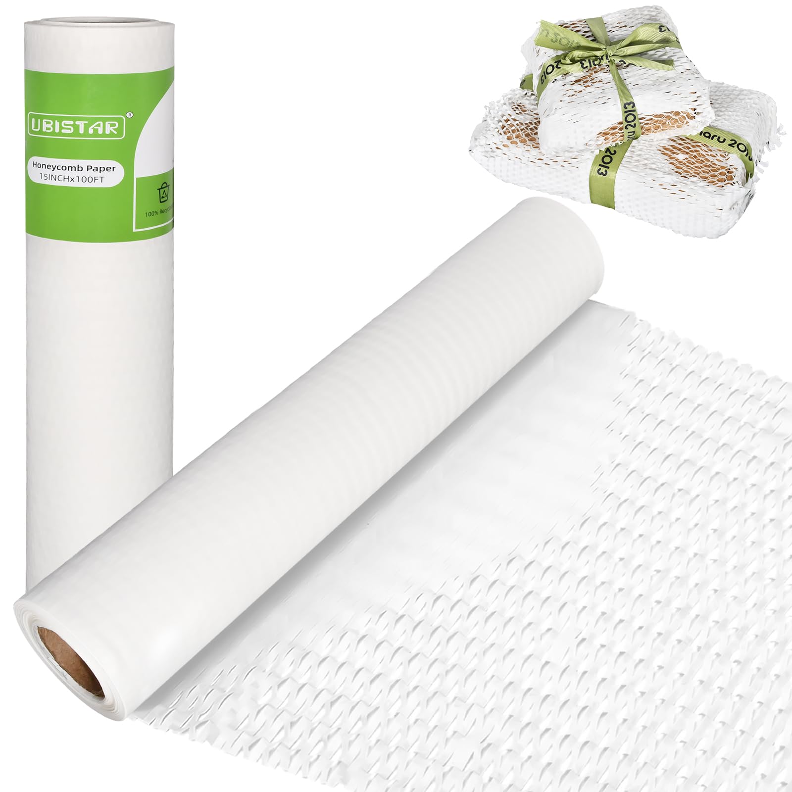 Ubistar Honeycomb Packing Paper, 15" x 100ft Recyclable Cushion Packing Paper for Moving Shipping Packaging Breakables, Eco Friendly Bubble Wrap Alternative Roll Kraft Paper Packing(15inch White)
