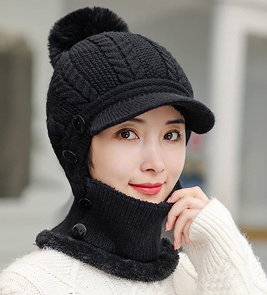 Women One Piece Slouchy Fleece Beanie Hats Scarf Mask Warm Winter Knitted Hat Thick Skull Ski Cap A-Black