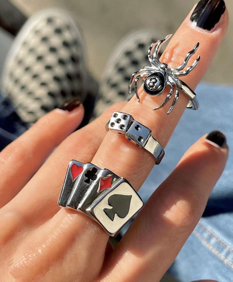THUNARAZ Vintage Silver Gothic Punk Rings for Women Men Adjustable Skull Snake Frog Vintage Stackable Hippie Eboy Rings Cool Goth Ring Pack Y2K Jewelry Set